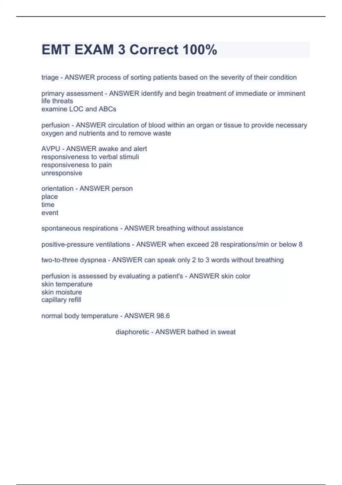 EMT EXAM 3 Correct 100% - EMT-B - Emergency Medical Technician - Basic ...