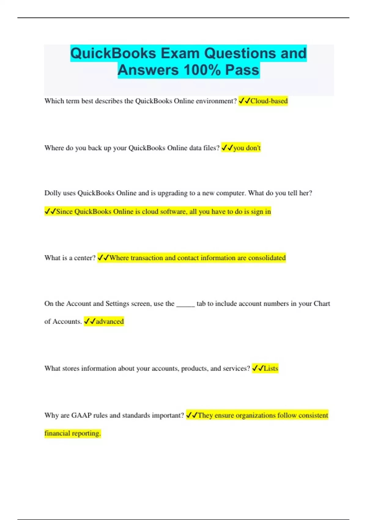 QuickBooks Online Exam Questions and Answers Rated A + 2023|2024 UPDATE ...