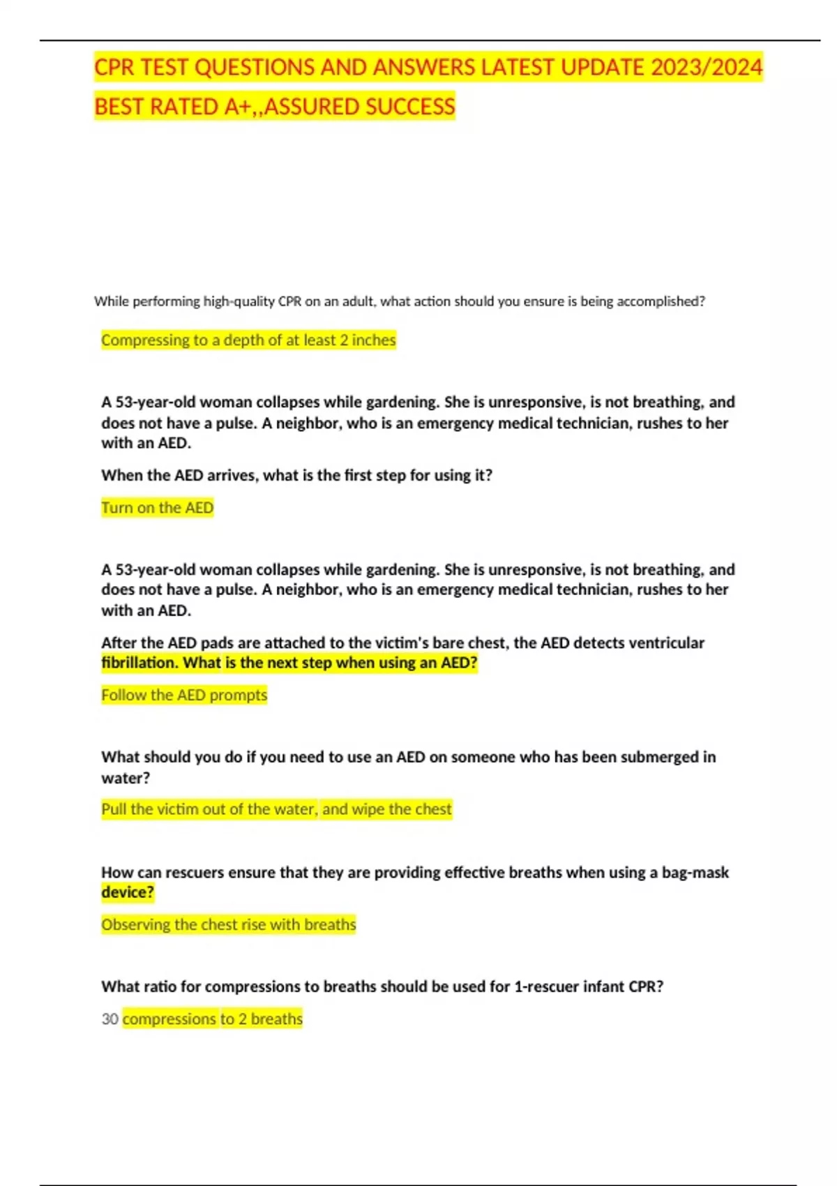CPR TEST QUESTIONS AND ANSWERS LATEST UPDATE 2023/2024 BEST RATED A+ ...