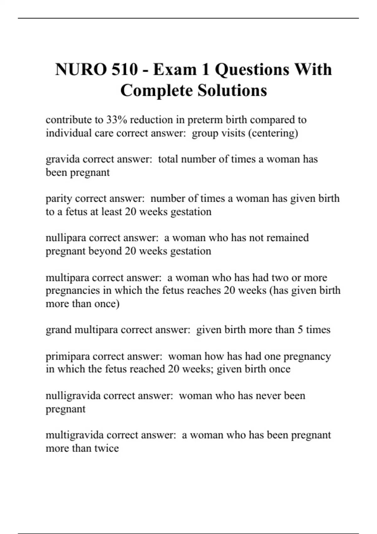 NURO 510 - Exam 1 Questions With Complete Solutions - NURO 510 - Stuvia US