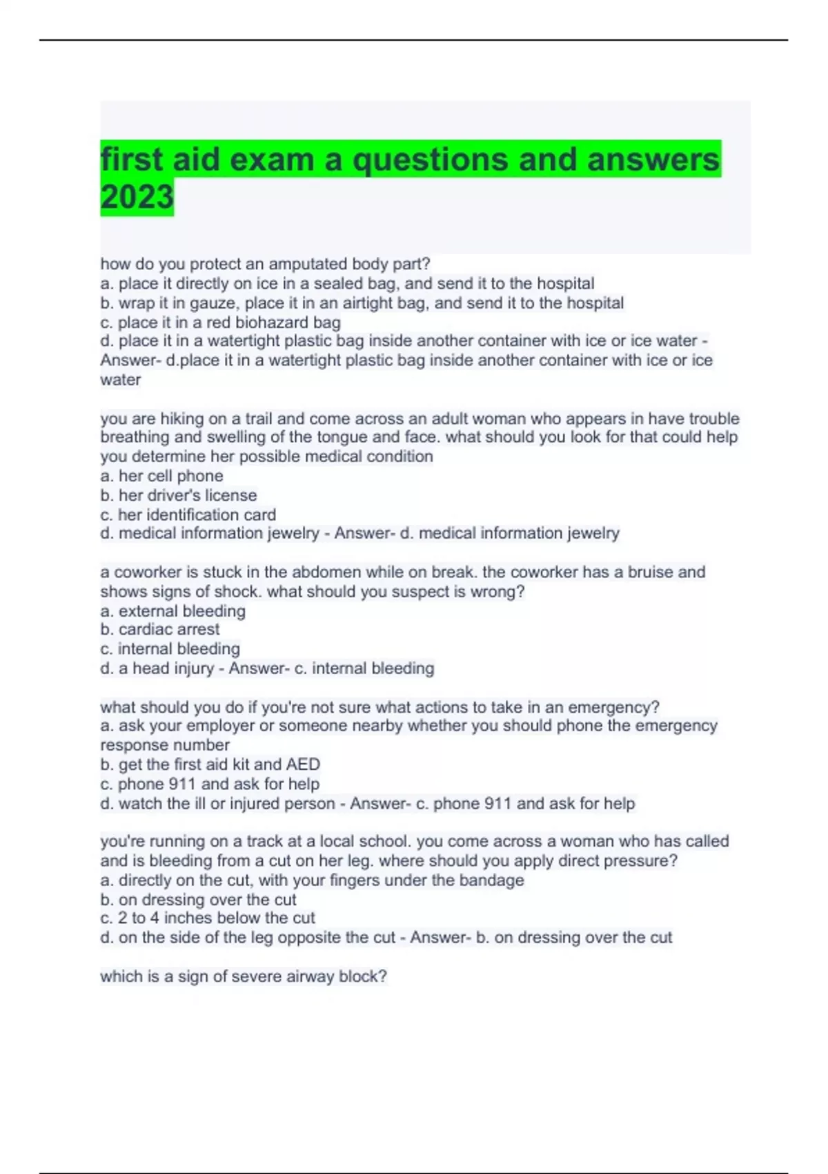 first aid exam a questions and answers 2023 - First aid - Stuvia US