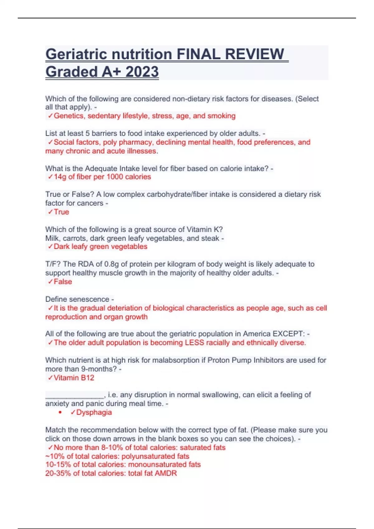 Geriatric nutrition FINAL REVIEW Graded A+ 2023. - Nutrition - Stuvia US