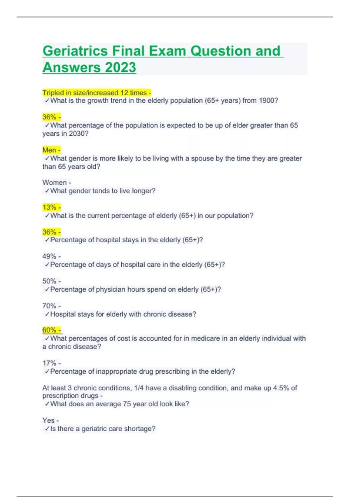 Geriatrics Final Exam Question and Answers 2023 - Nutrition - Stuvia US