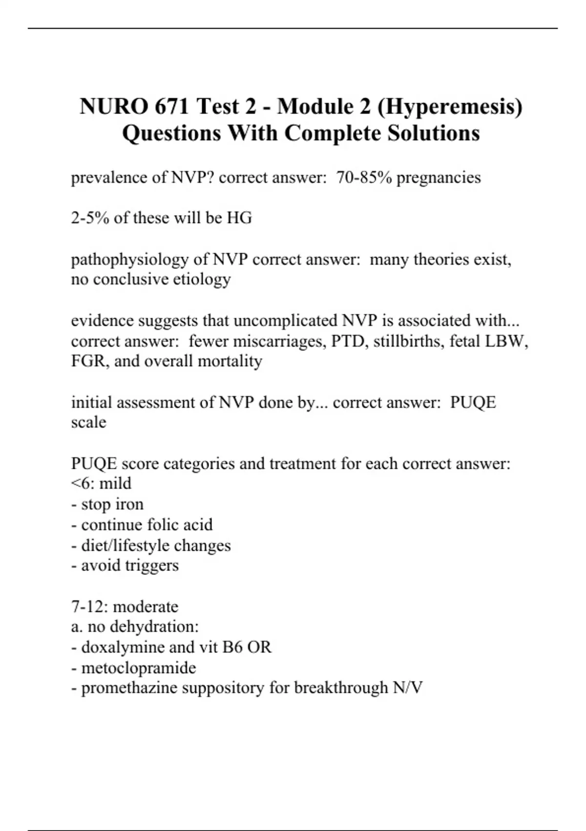 NURO 671 Test 2 - Module 2 (Hyperemesis) Questions With Complete ...