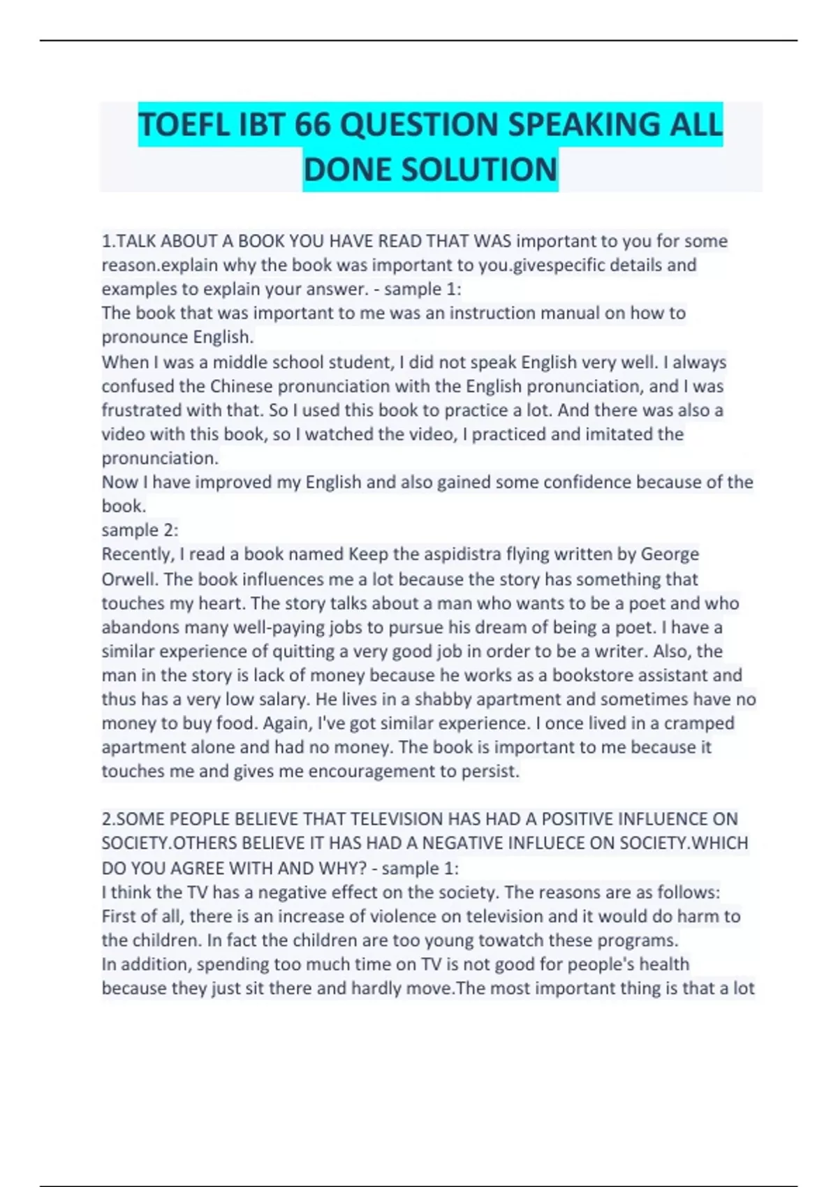 TOEFL IBT 66 QUESTION SPEAKING ALL DONE SOLUTION - Toefl ibt - Stuvia US