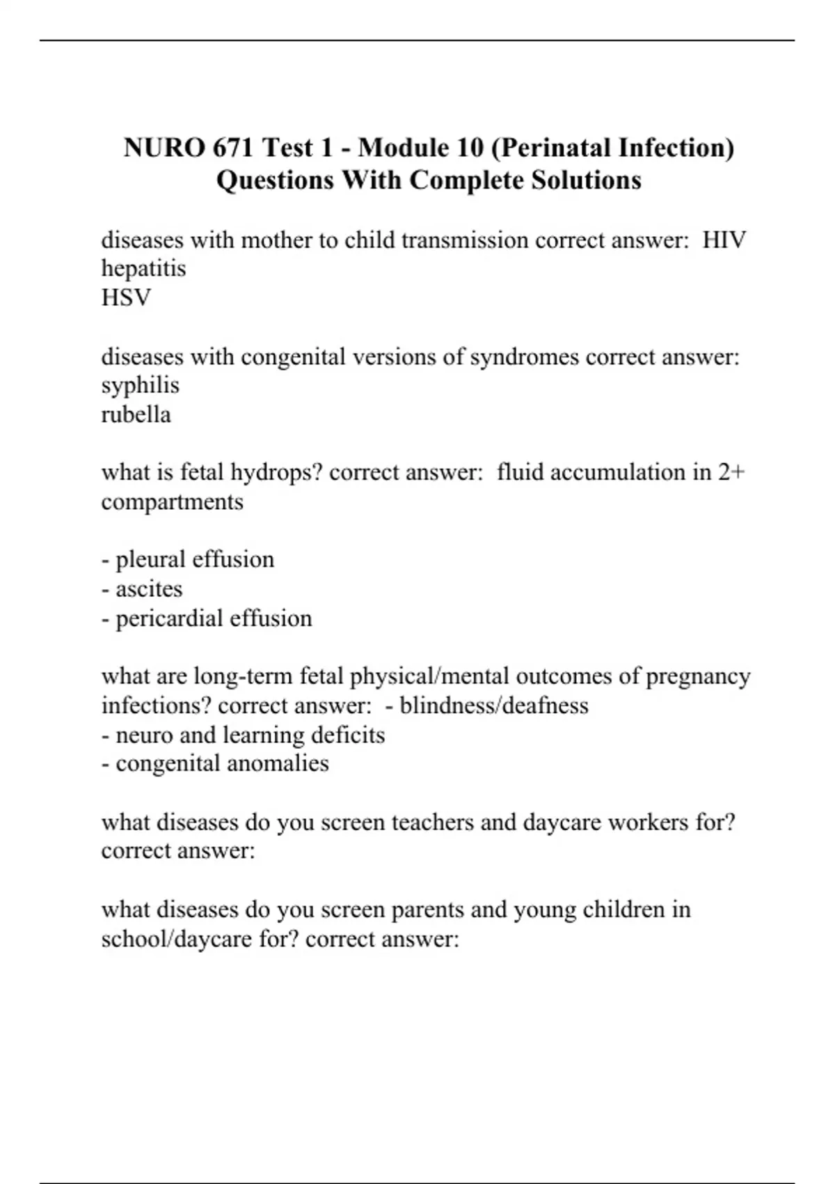NURO 671 Test 1 - Module 10 (Perinatal Infection) Questions With ...