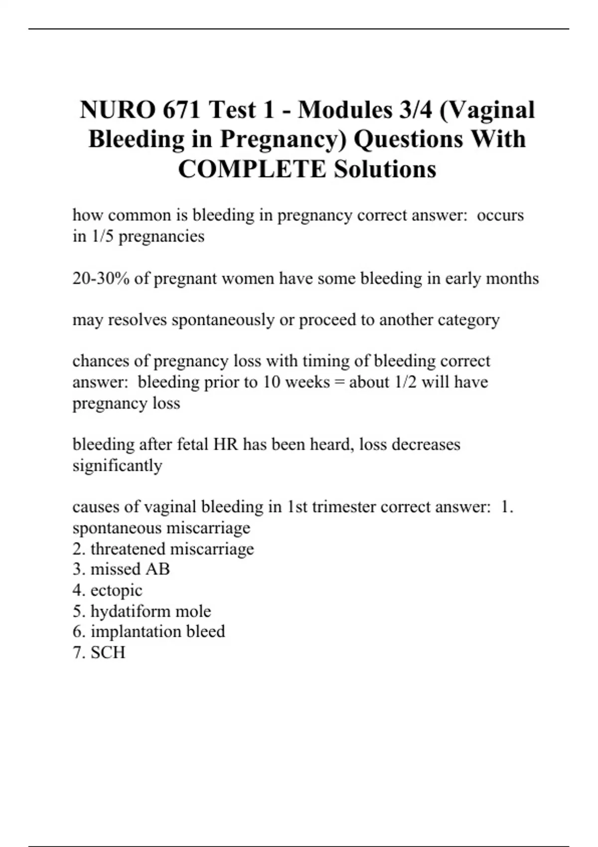 NURO 671 Test 1 - Modules 3/4 (Vaginal Bleeding in Pregnancy) Questions ...