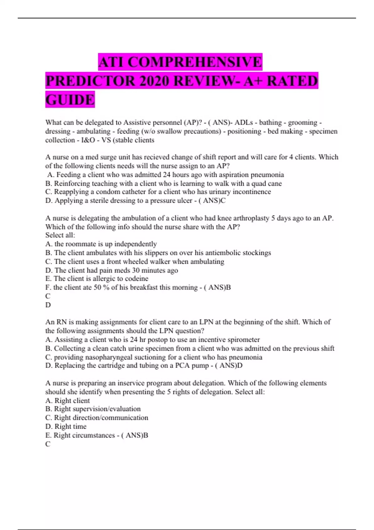ATI COMPREHENSIVE PREDICTOR 2020 REVIEW- A+ RATED GUIDE - ATI Predictor ...