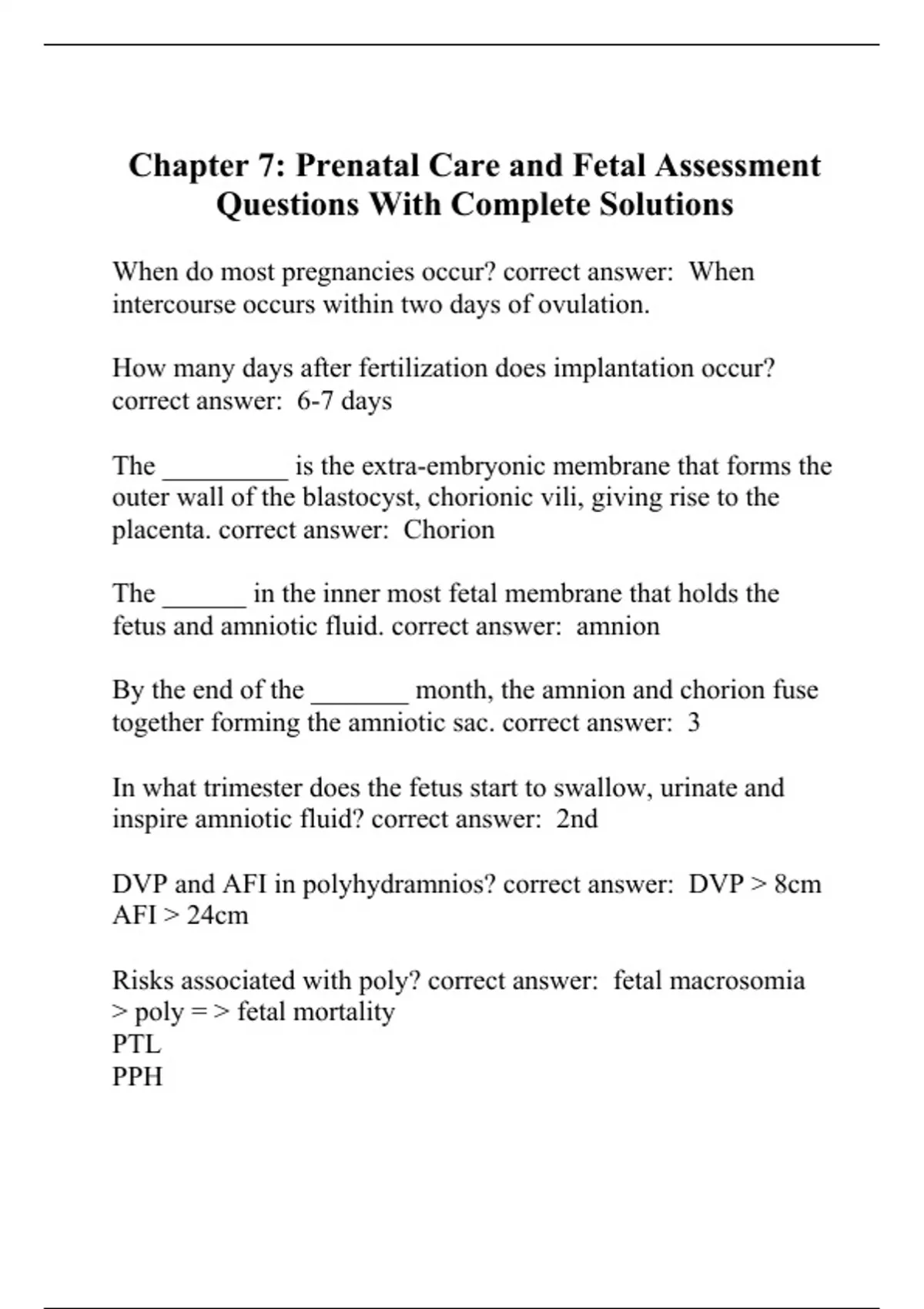 Chapter 7: Prenatal Care and Fetal Assessment Questions With Complete Solutions - Prenatal Care ...