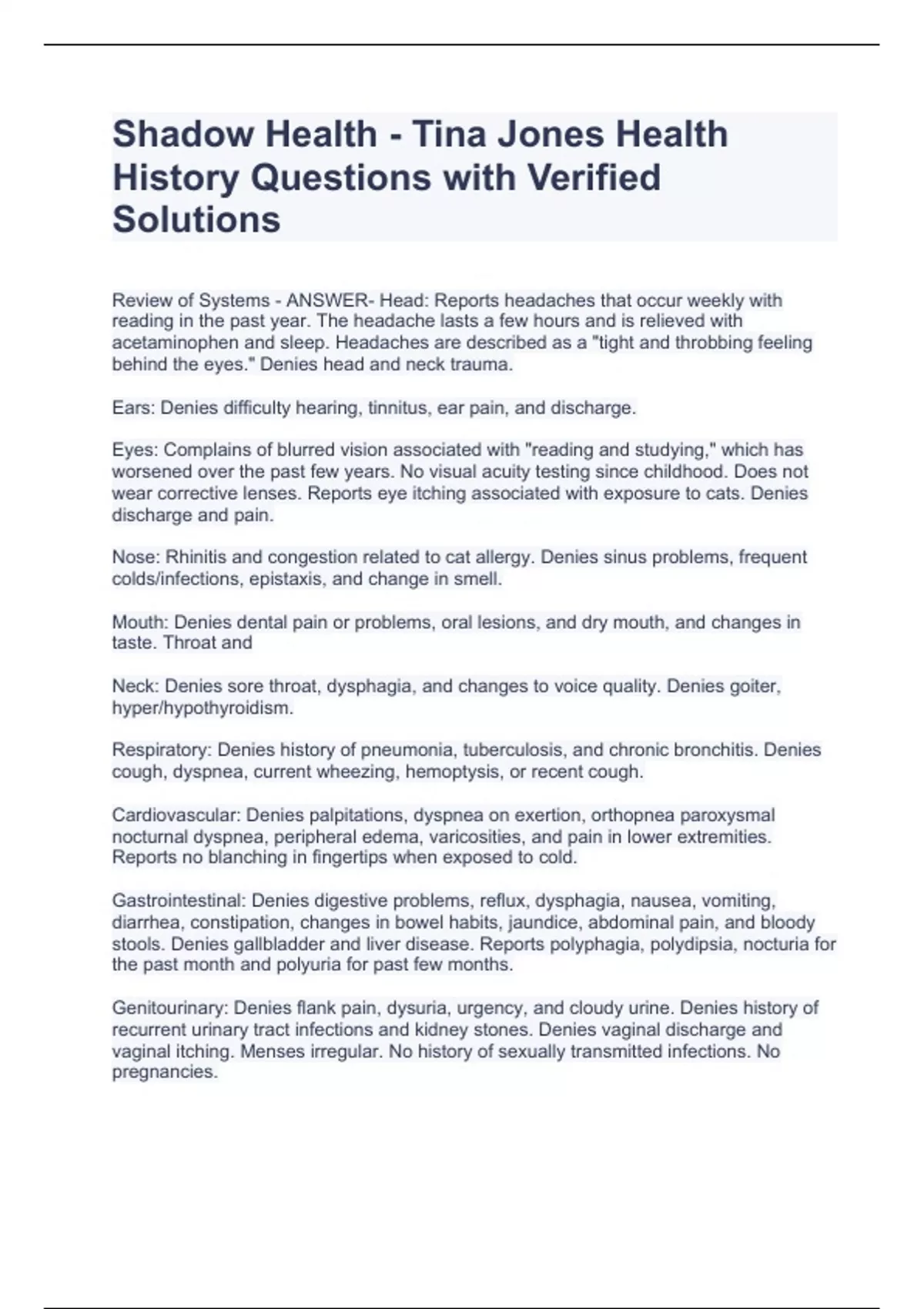 Shadow Health - Tina Jones Health History Questions with Verified ...