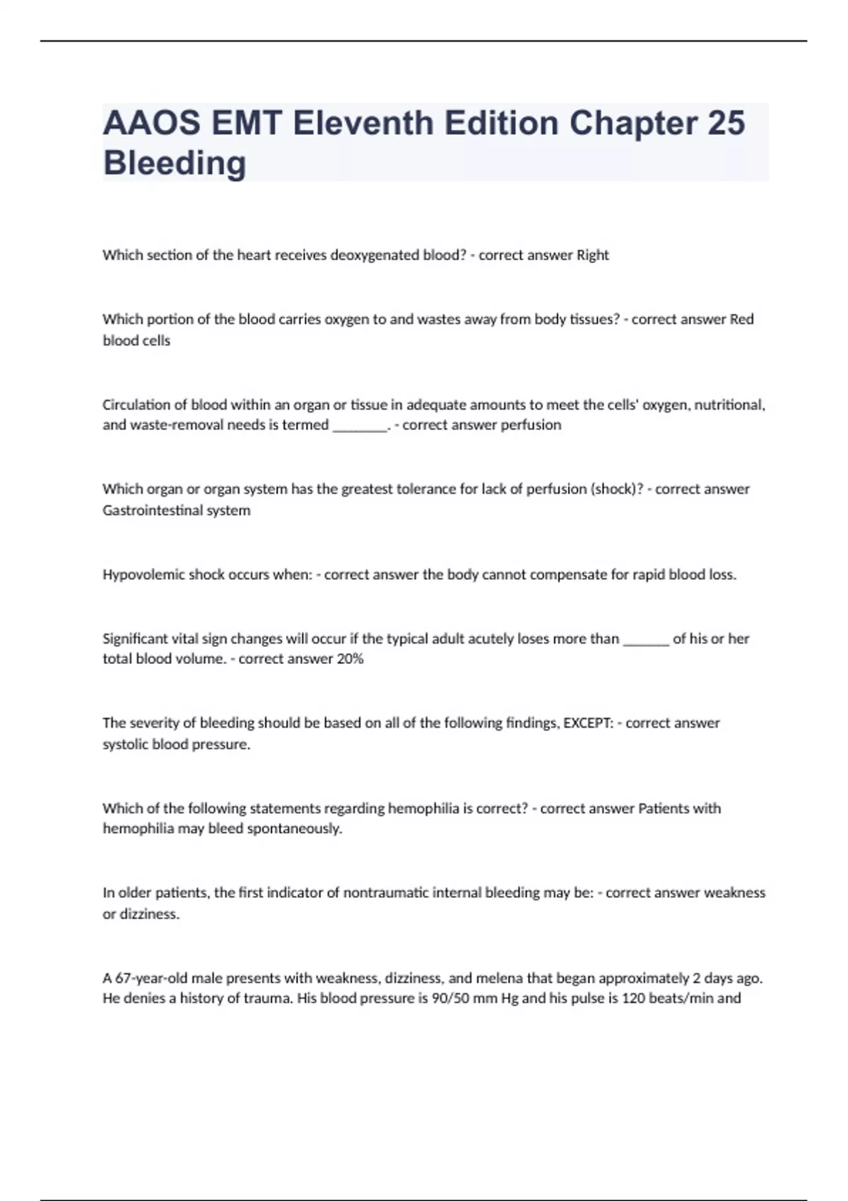 AAOS EMT Eleventh Edition Chapter 25 Bleeding fully solved 2023 passed ...