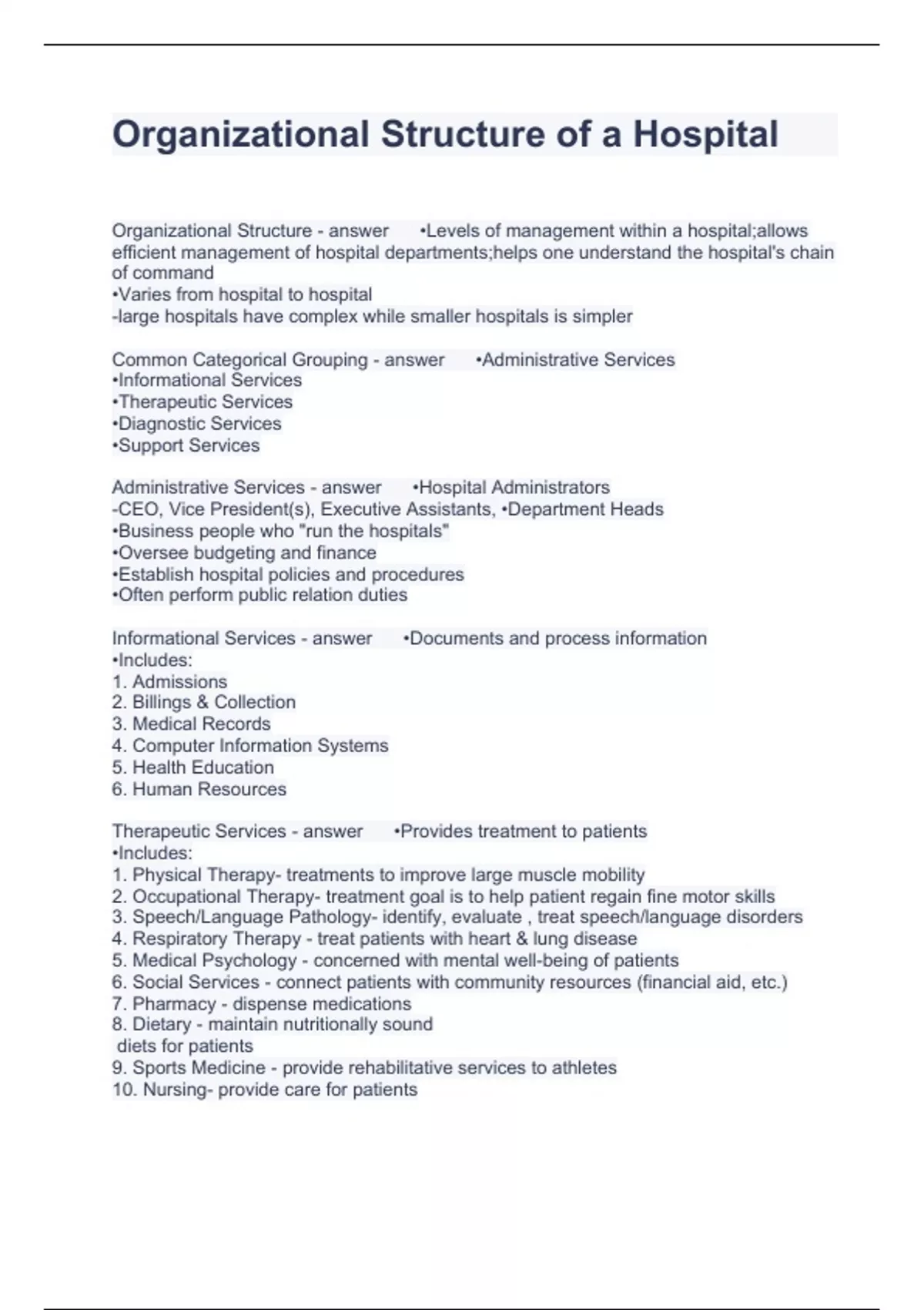 Organizational Structure of a Hospital Questions and Answers 100% ...