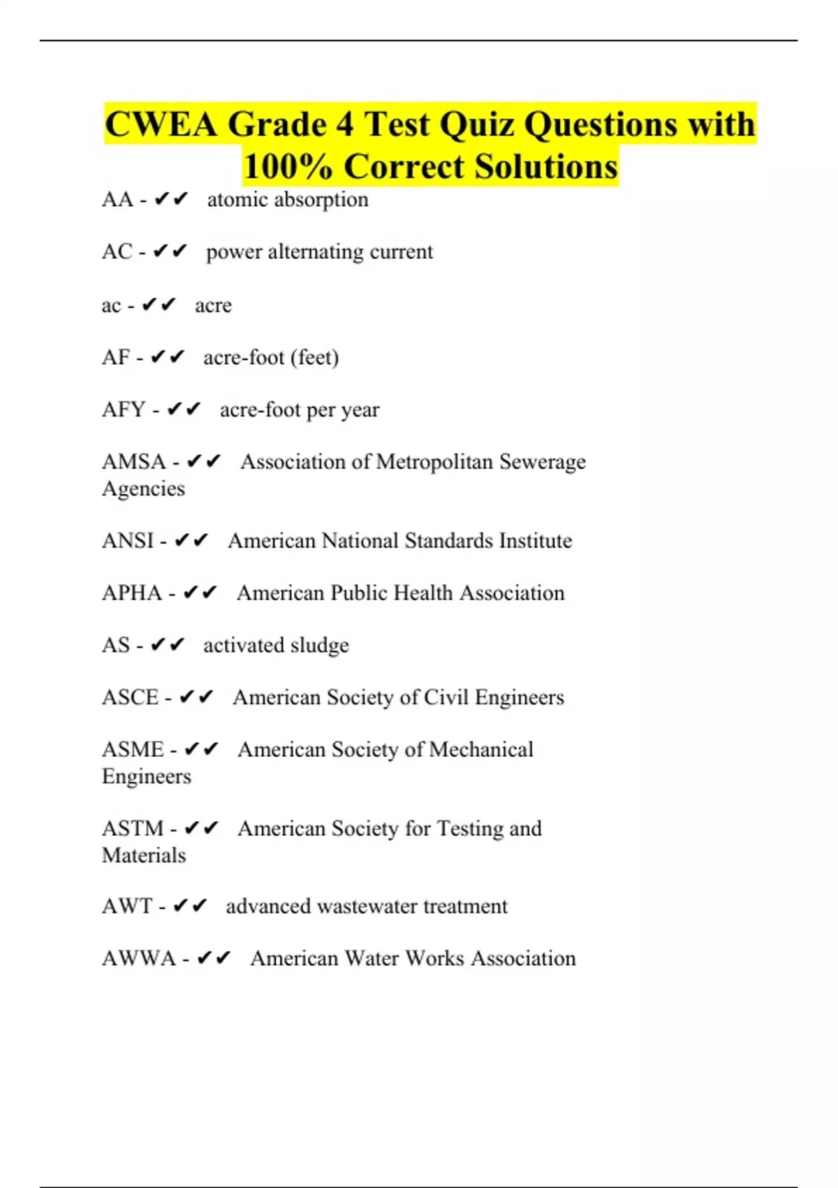 CWEA Grade 4 Test Quiz Questions With 100 Correct Solutions CWEA CWEA Grade 4 Test Quiz Questions With 100 Correct Solutions CWEA