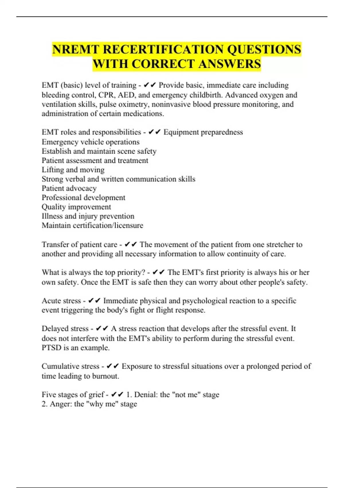 Nremt Recertification Questions With Correct Answers Nremt Stuvia Us