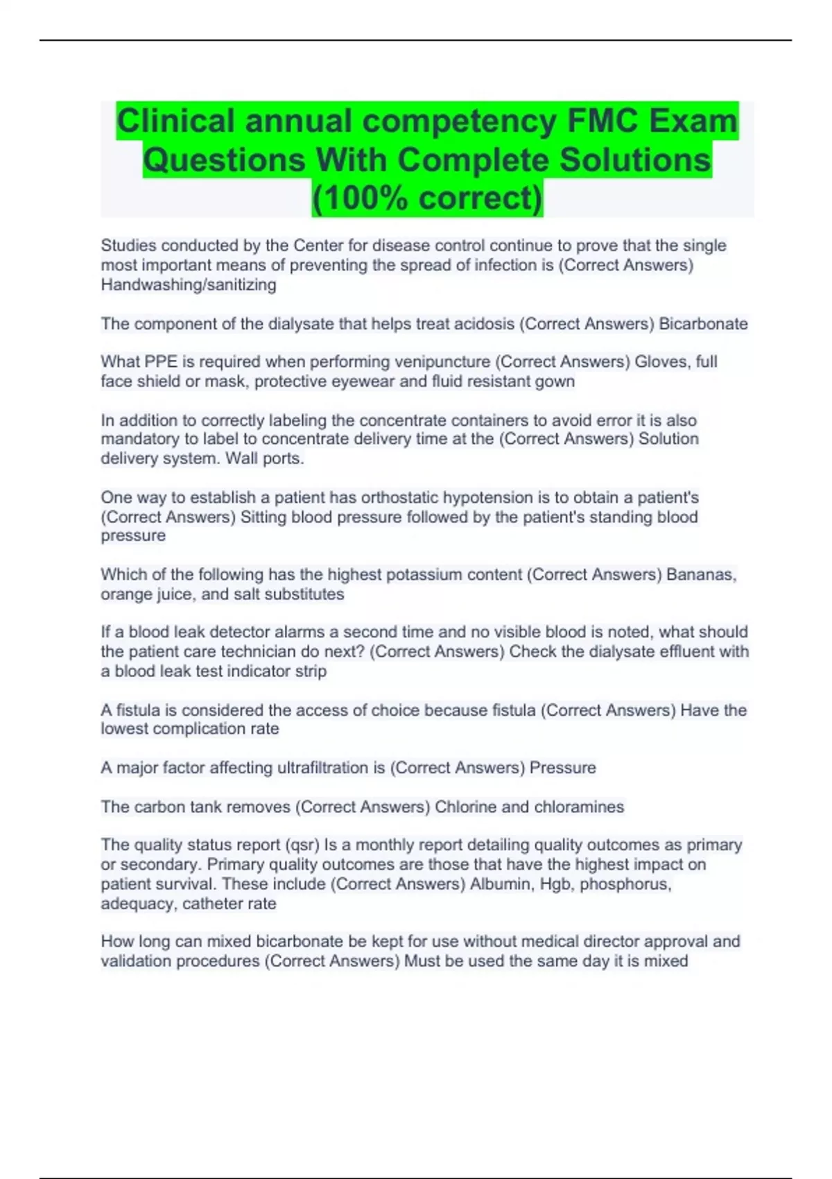 Clinical annual competency FMC Exam Questions With Complete Solutions ...