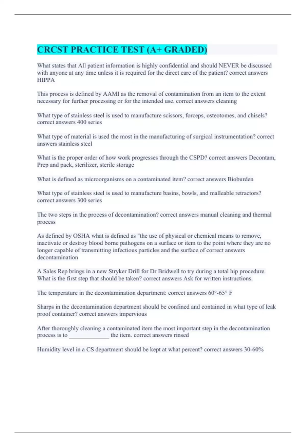 CRCST PRACTICE TEST (A+ GRADED) - CRCST - Stuvia US