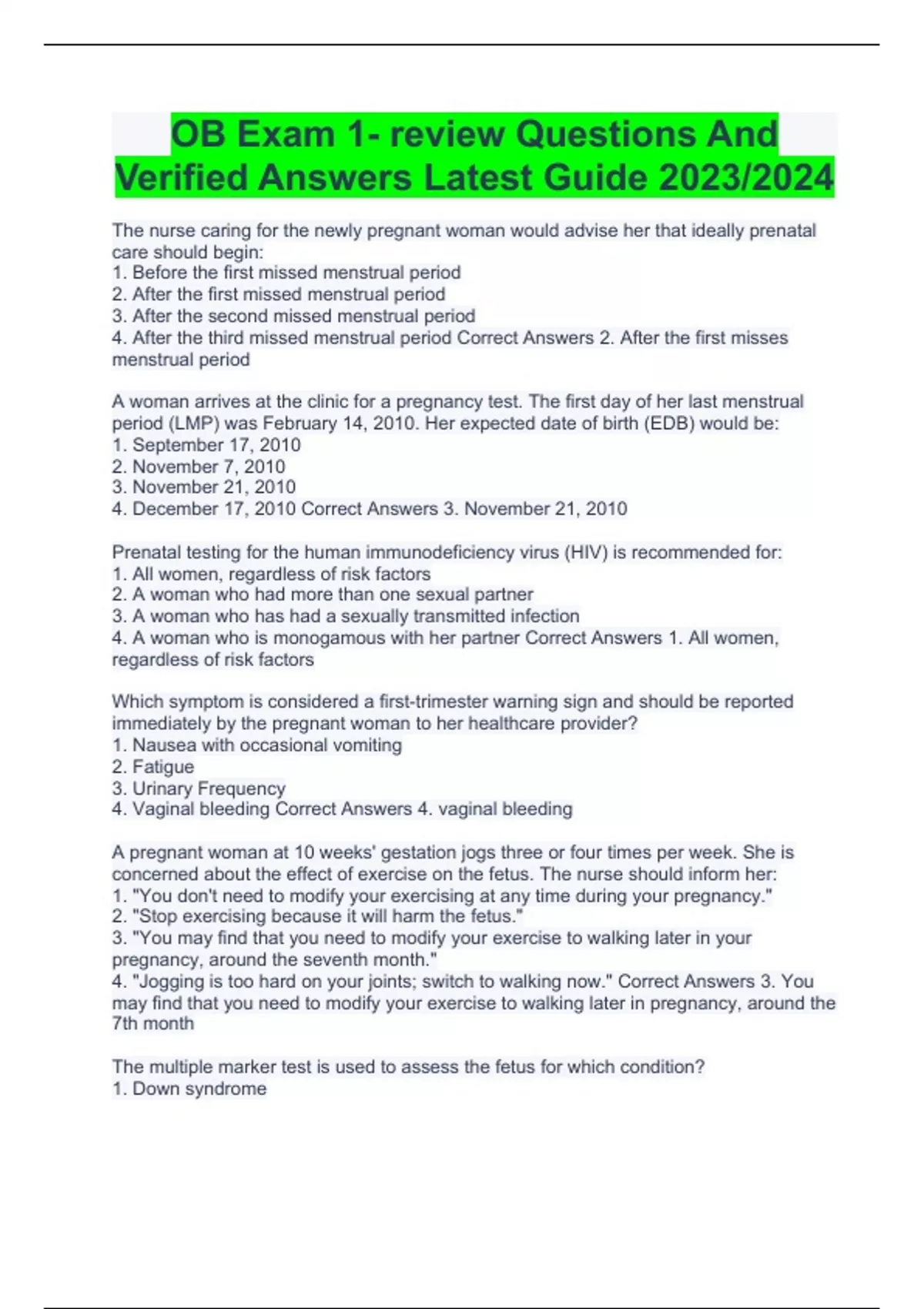 OB Exam 1- review Questions And Verified Answers Latest Guide 2023/2024 ...