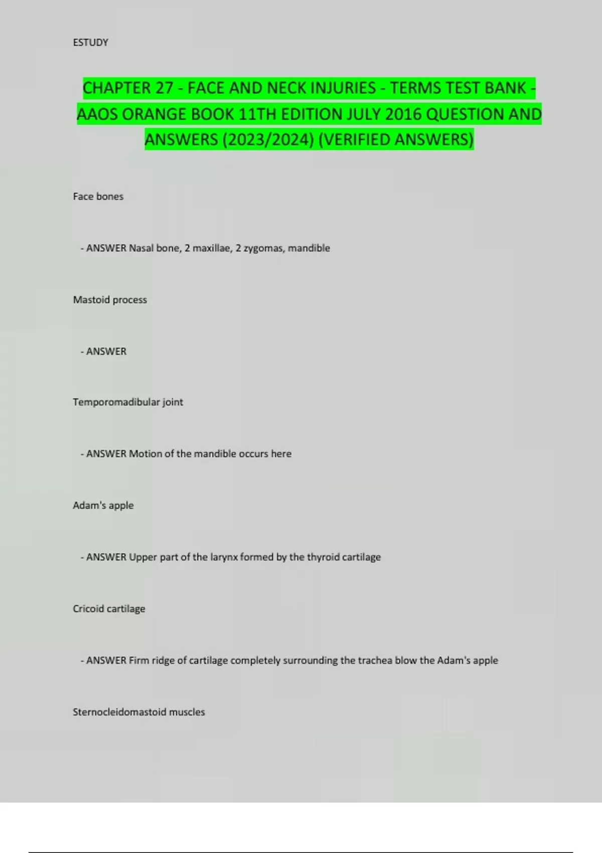 CHAPTER 27 - FACE AND NECK INJURIES - TERMS TEST BANK - AAOS ORANGE ...
