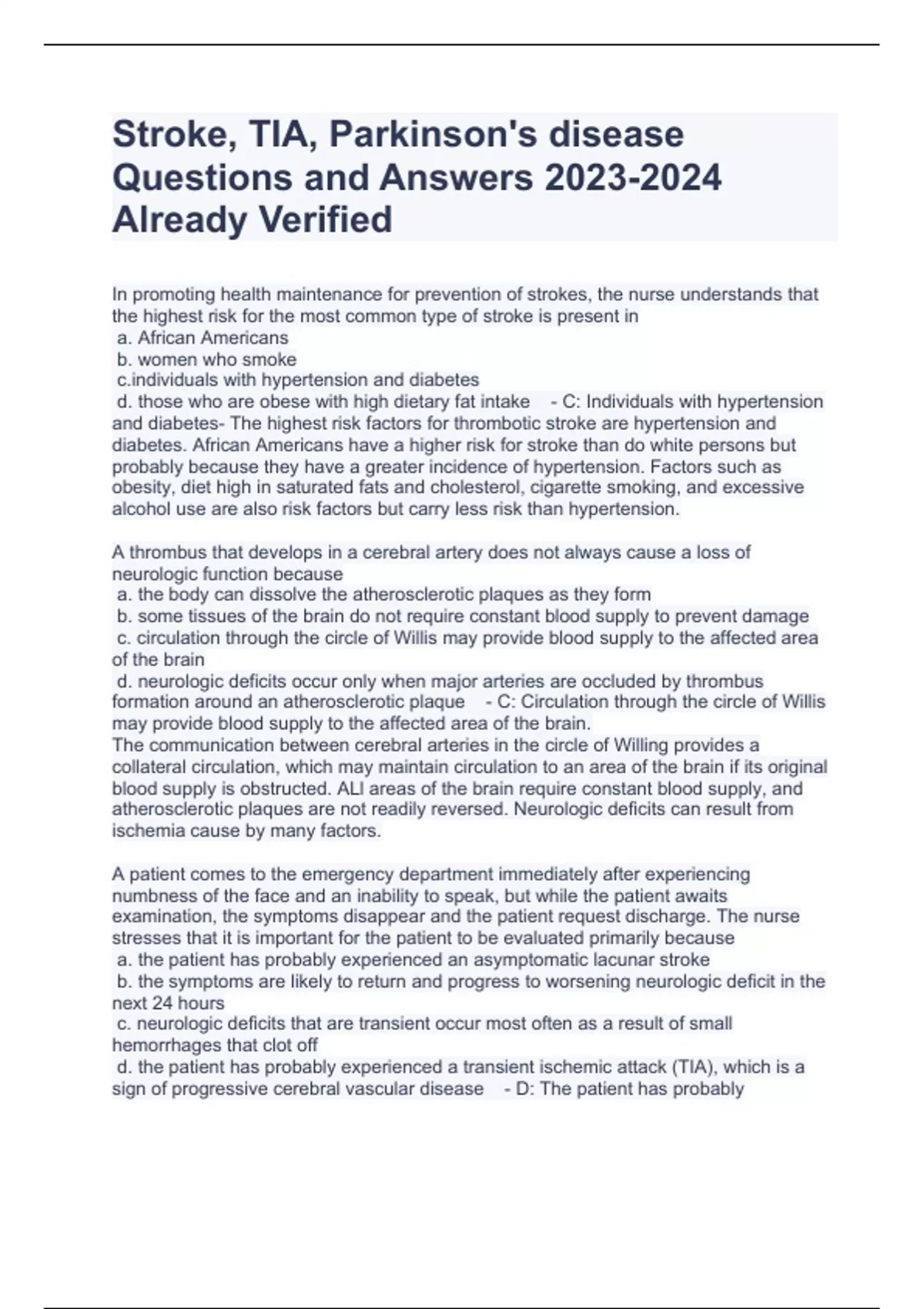 Stroke, TIA, Parkinson's disease Questions and Answers Already Verified ...