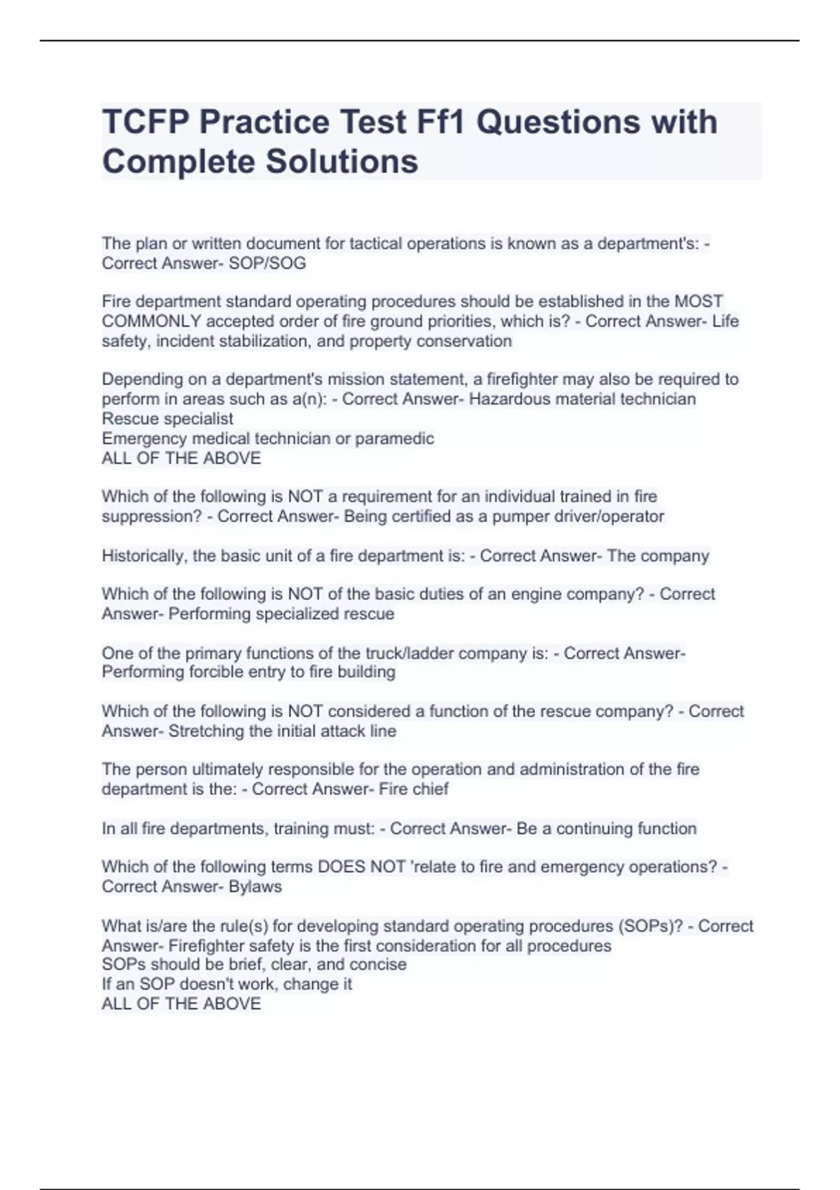 TCFP Practice Test Ff1 Questions with Complete Solutions - Tcfp - Stuvia US