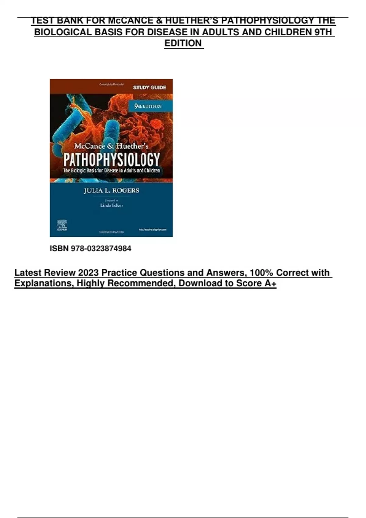 TEST BANK FOR McCANCE & HUETHER’S PATHOPHYSIOLOGY THE BIOLOGICAL BASIS ...