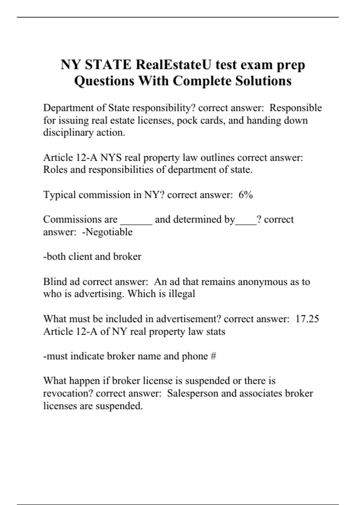 NY STATE RealEstateU test exam prep Questions With Complete Solutions ...