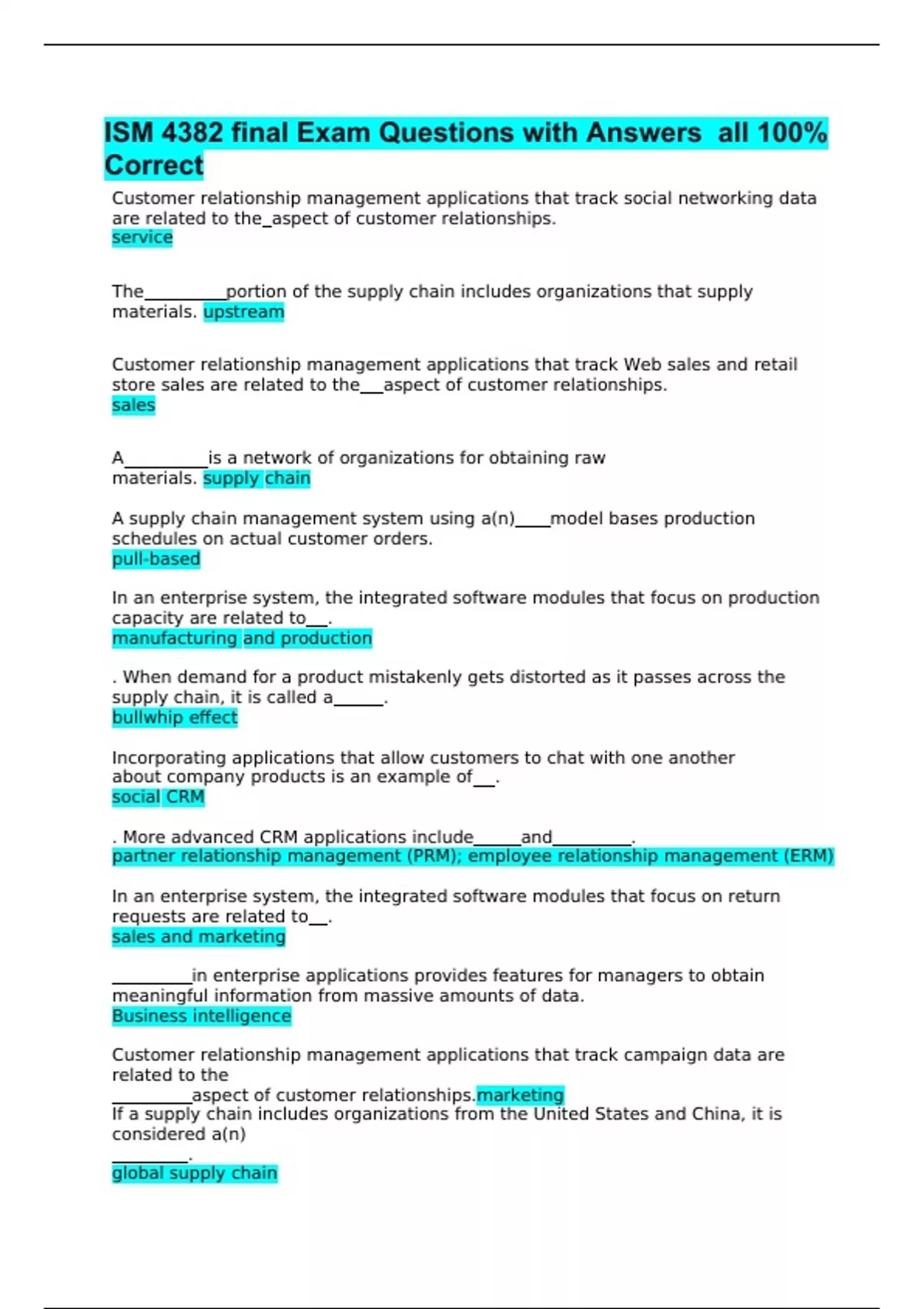 ISM 4382 final Exam Questions with Answers all 100% Correct - ISM 4382 fswers all 10 - Stuvia US