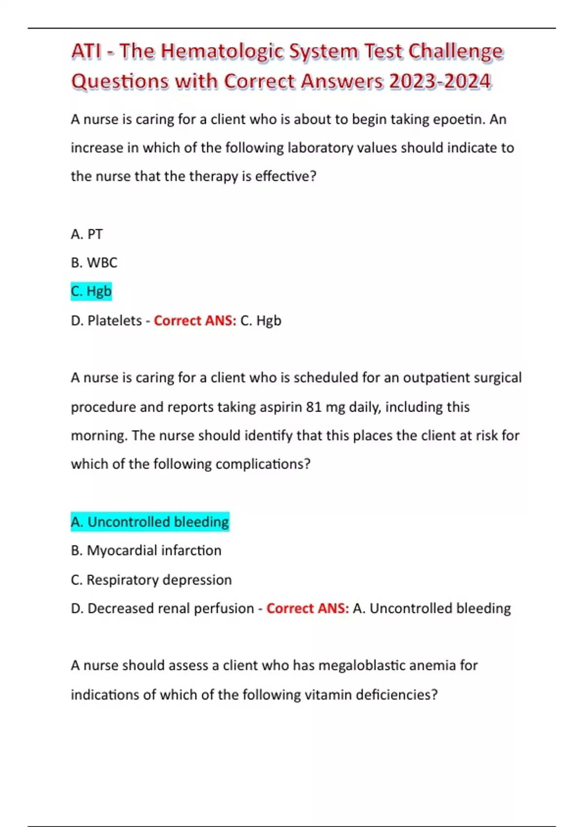 ATI - The Hematologic System Test Challenge Questions with Correct ...