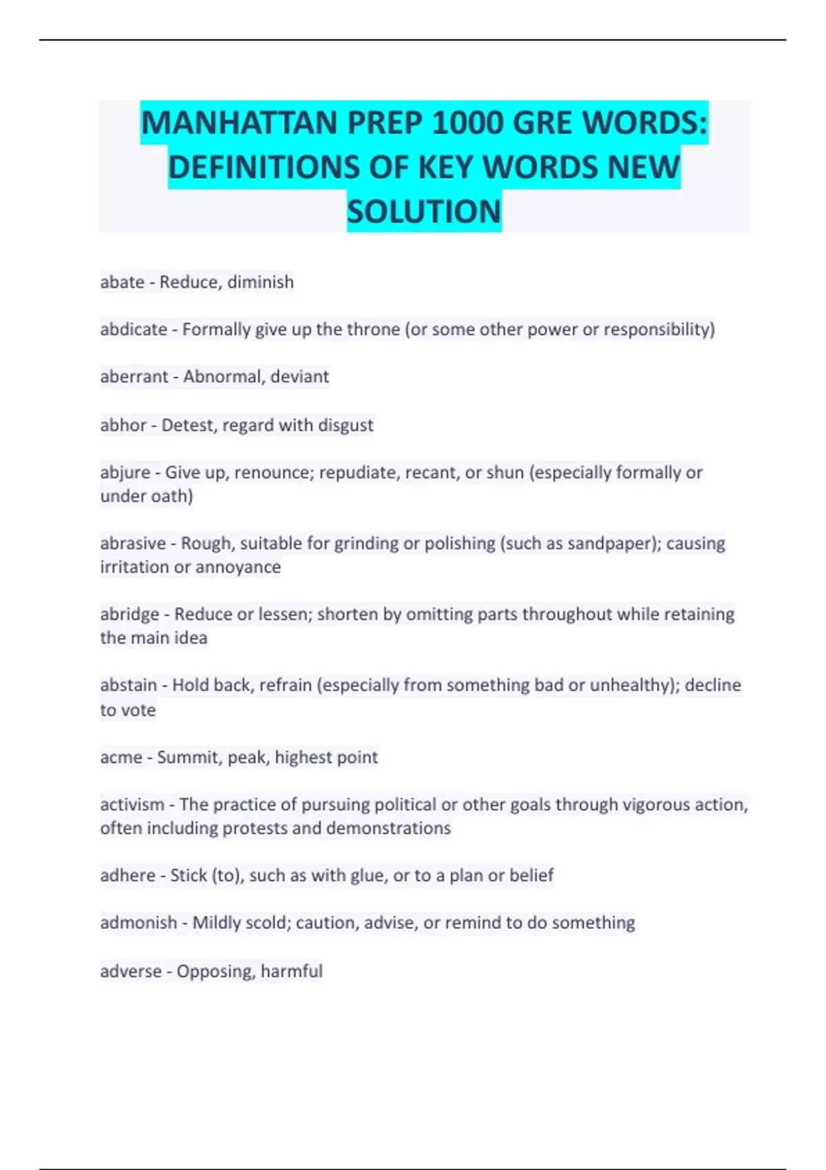 MANHATTAN PREP 1000 GRE WORDS DEFINITIONS OF KEY WORDS NEW SOLUTION ...