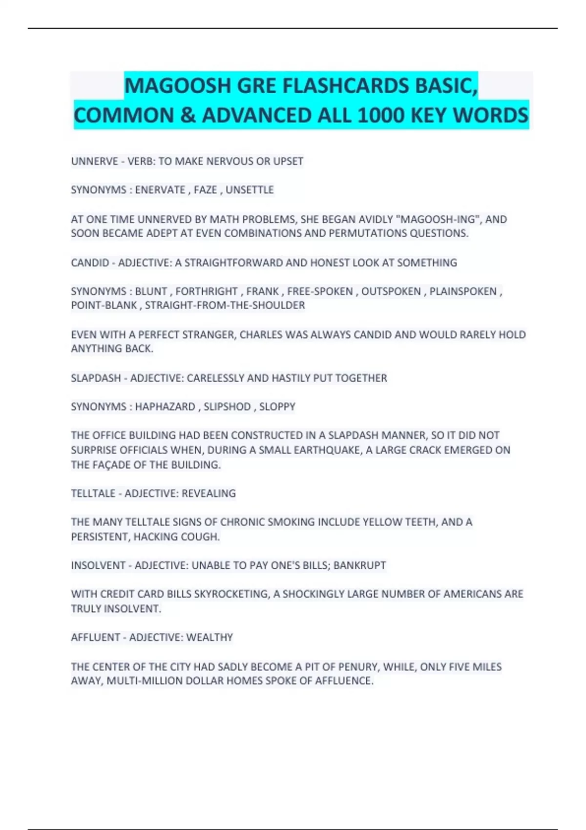 MAGOOSH GRE FLASHCARDS BASIC, COMMON & ADVANCED ALL 1000 KEY WORDS ...