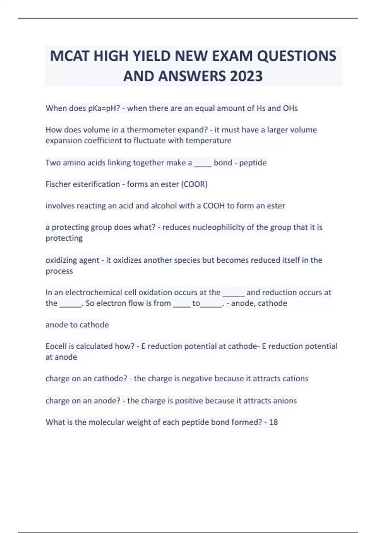 MCAT HIGH YIELD NEW EXAM QUESTIONS AND ANSWERS 2023 - MCAT prep - Stuvia US