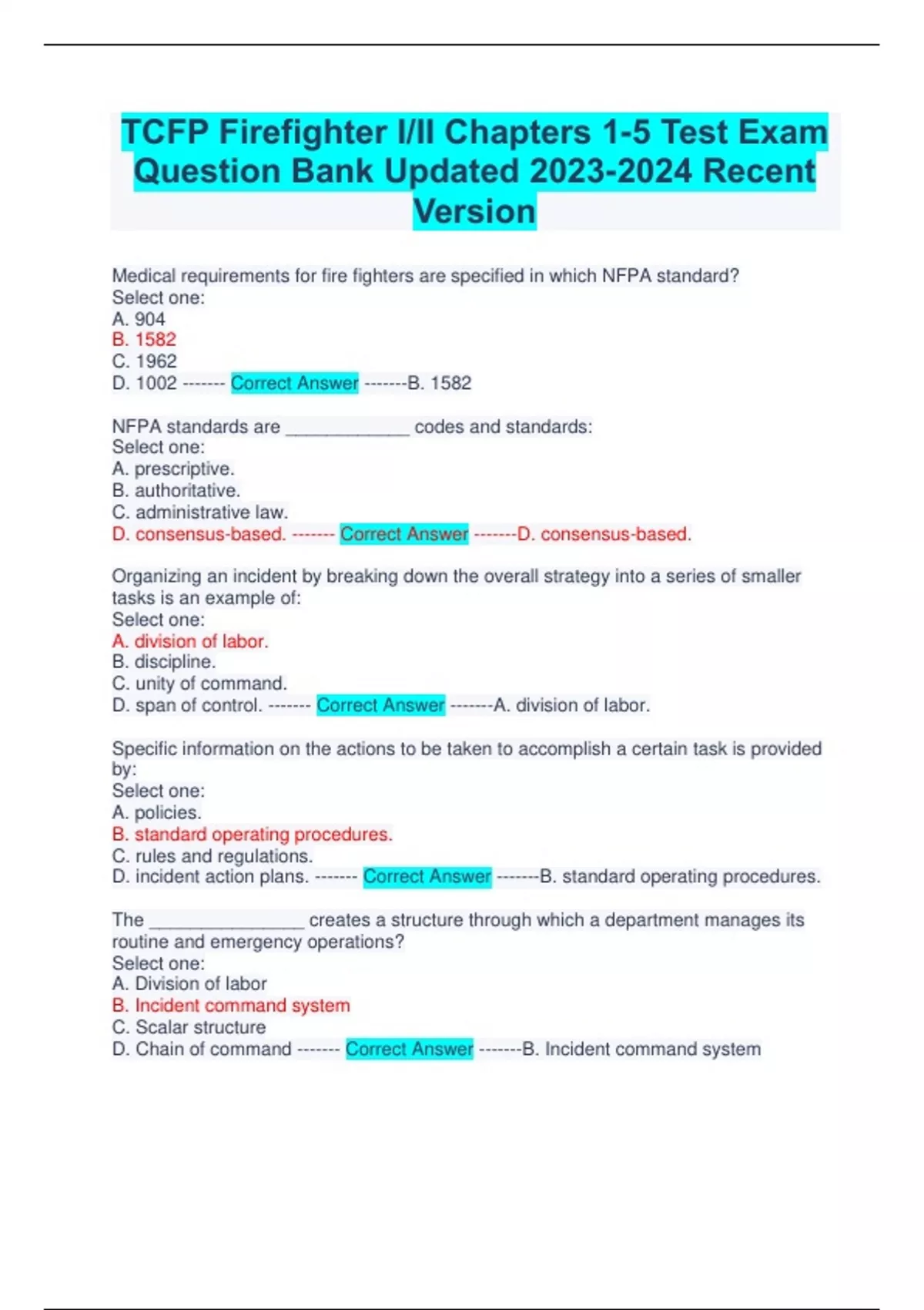 TCFP Firefighter I & II Chapters 1-5 Test Exam Question Bank Updated ...