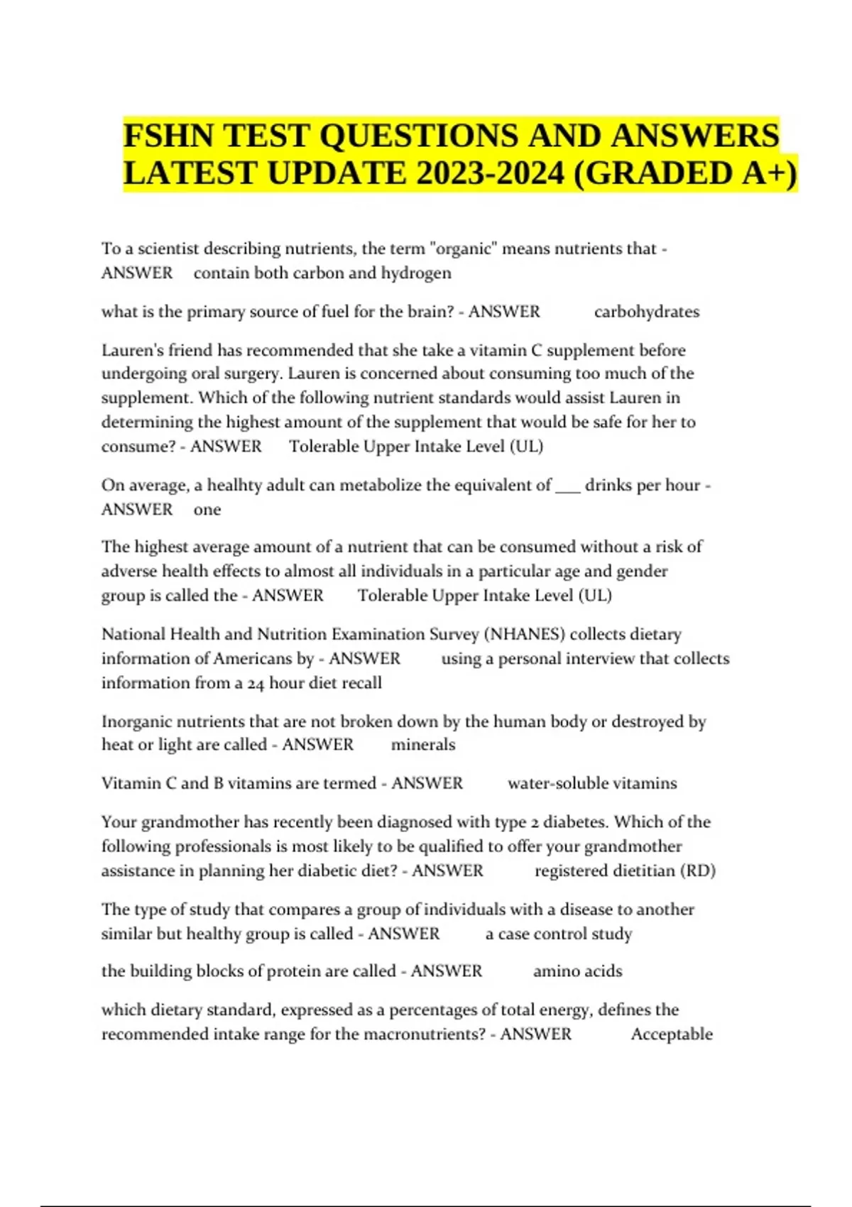 FSHN EXAM QUESTIONS AND ANSWERS LATEST UPDATED 2023/2024 GRADED 100% ...