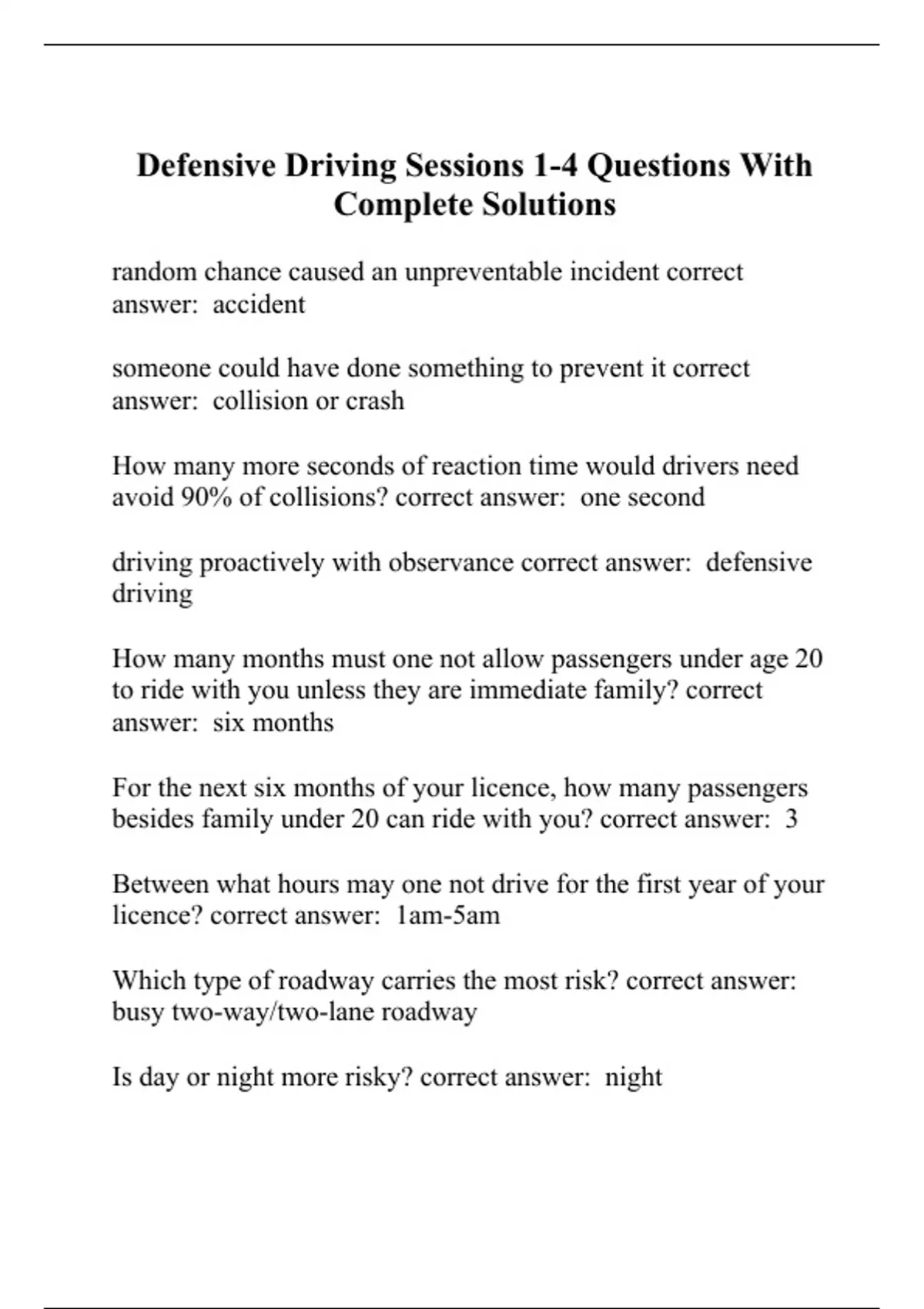 Defensive Driving Sessions 1 4 Questions With Complete Solutions