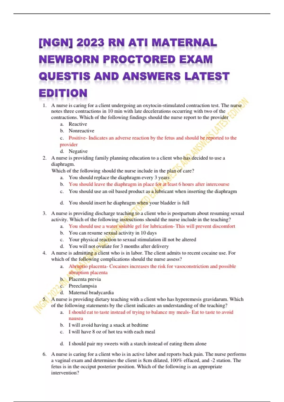 ATI MATERNAL NEWBORN OB EXAM 2023 4 VERSIONS COMPLETE SOLUTION. A+ ...