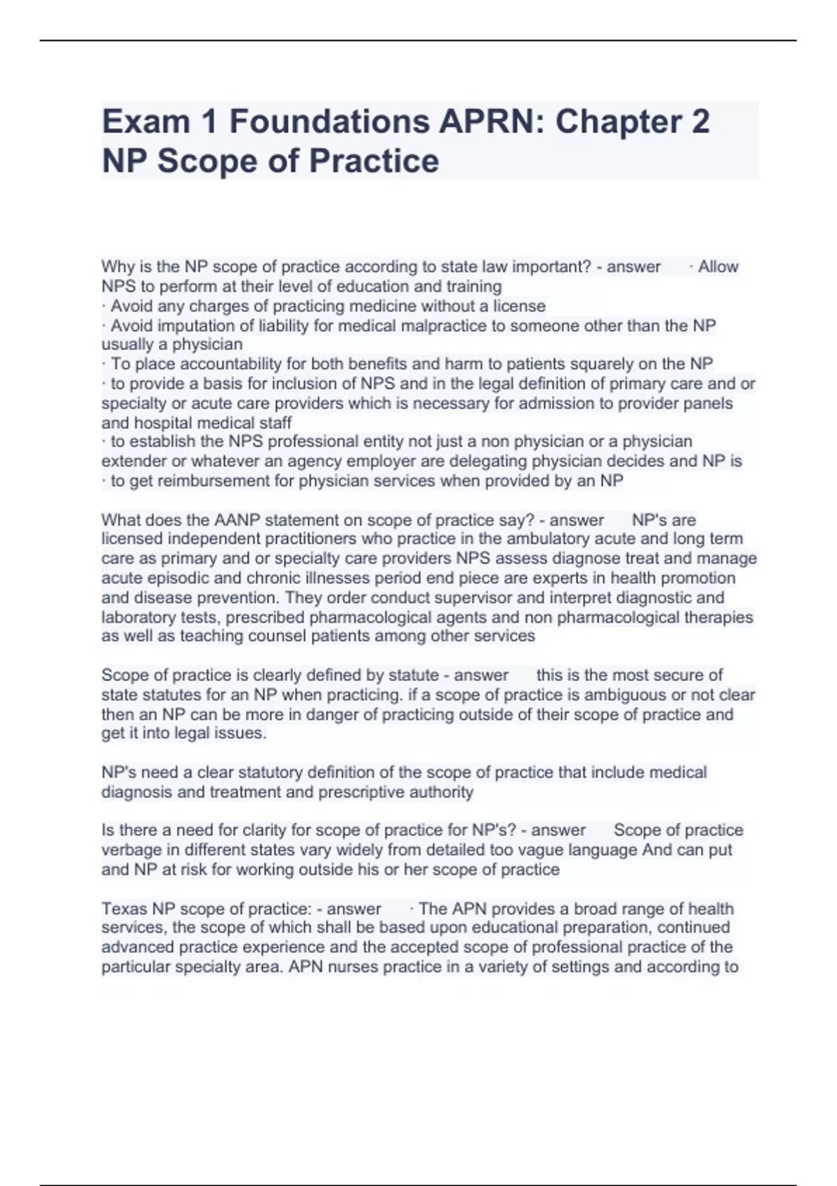 Exam 1 Foundations APRN Chapter 2 NP Scope of Practice Questions and ...