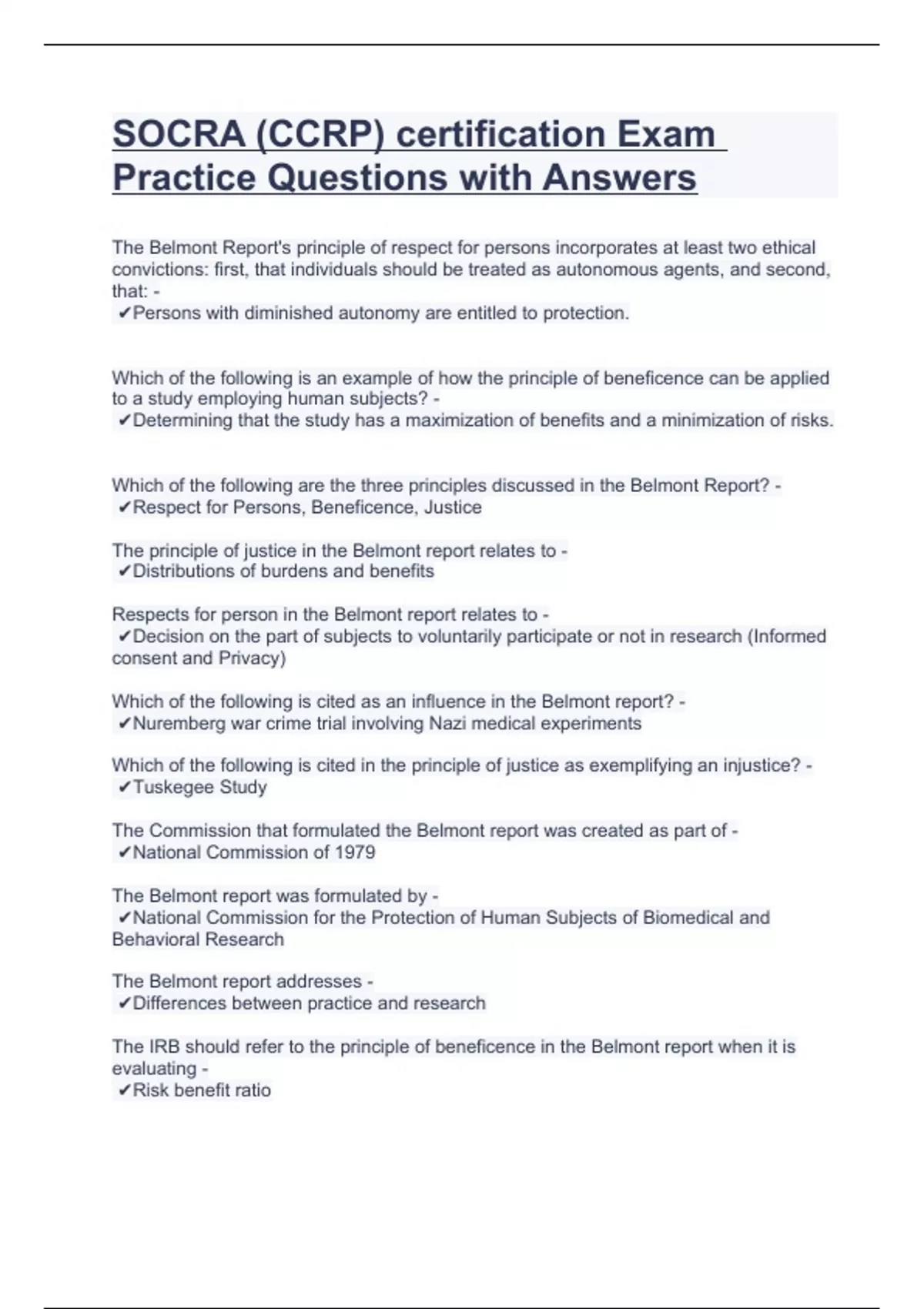 SOCRA (CCRP) certification Exam Practice Questions with Answers. - Ccrp socra - Stuvia UK