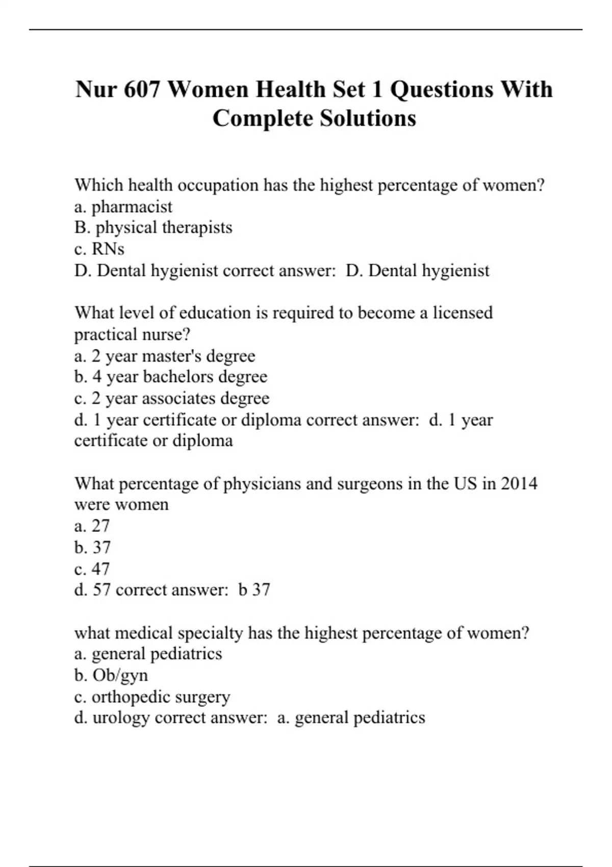 Nur 607 Women Health Set 1 Questions With Complete Solutions - Nur 607 ...