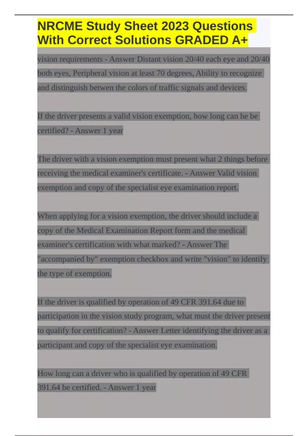 NRCME Study Sheet 2023 Questions with answers - Nrcme - Stuvia US