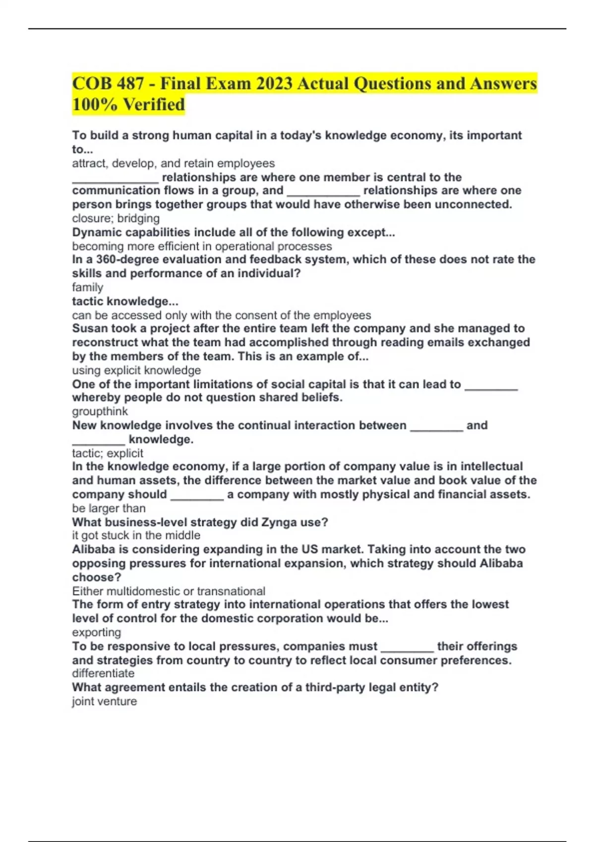 COB 487 - Final Exam 2023 Actual Questions and Answers 100% Verified - COB 487 - Stuvia US