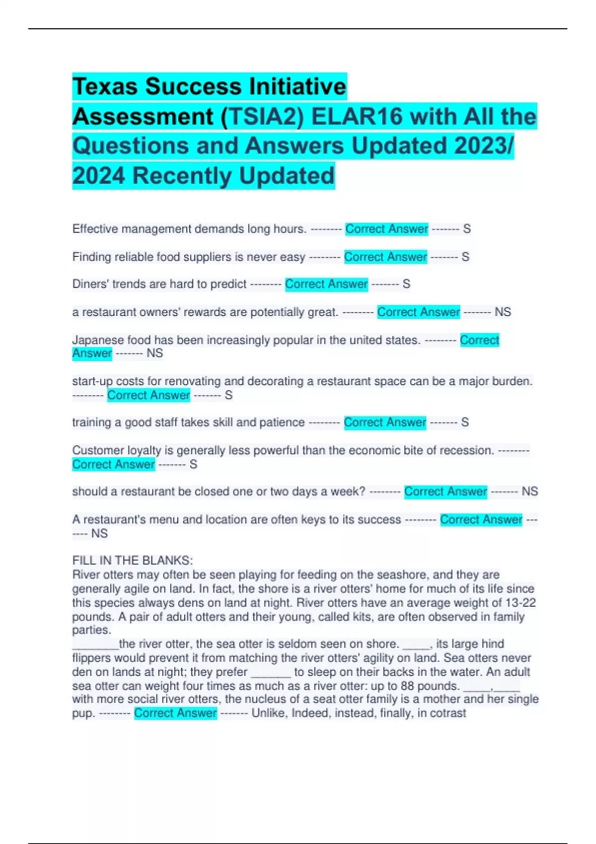 Texas Success Initiative Assessment (TSIA2) ELAR16 with All the Questions and Answers Updated ...
