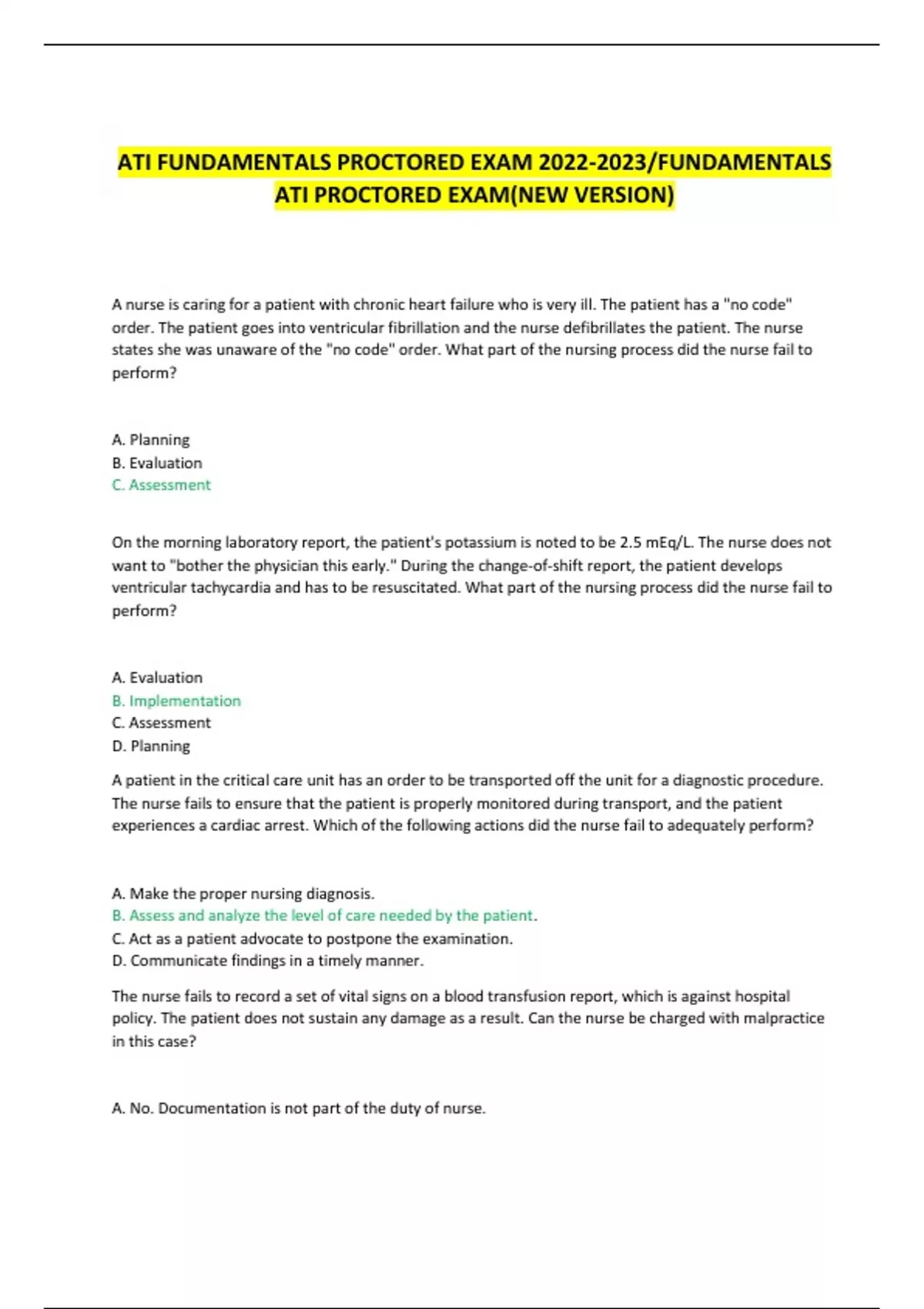 ATI FUNDAMENTALS PROCTORED EXAM /FUNDAMENTALS ATI PROCTORED EXAM(NEW ...