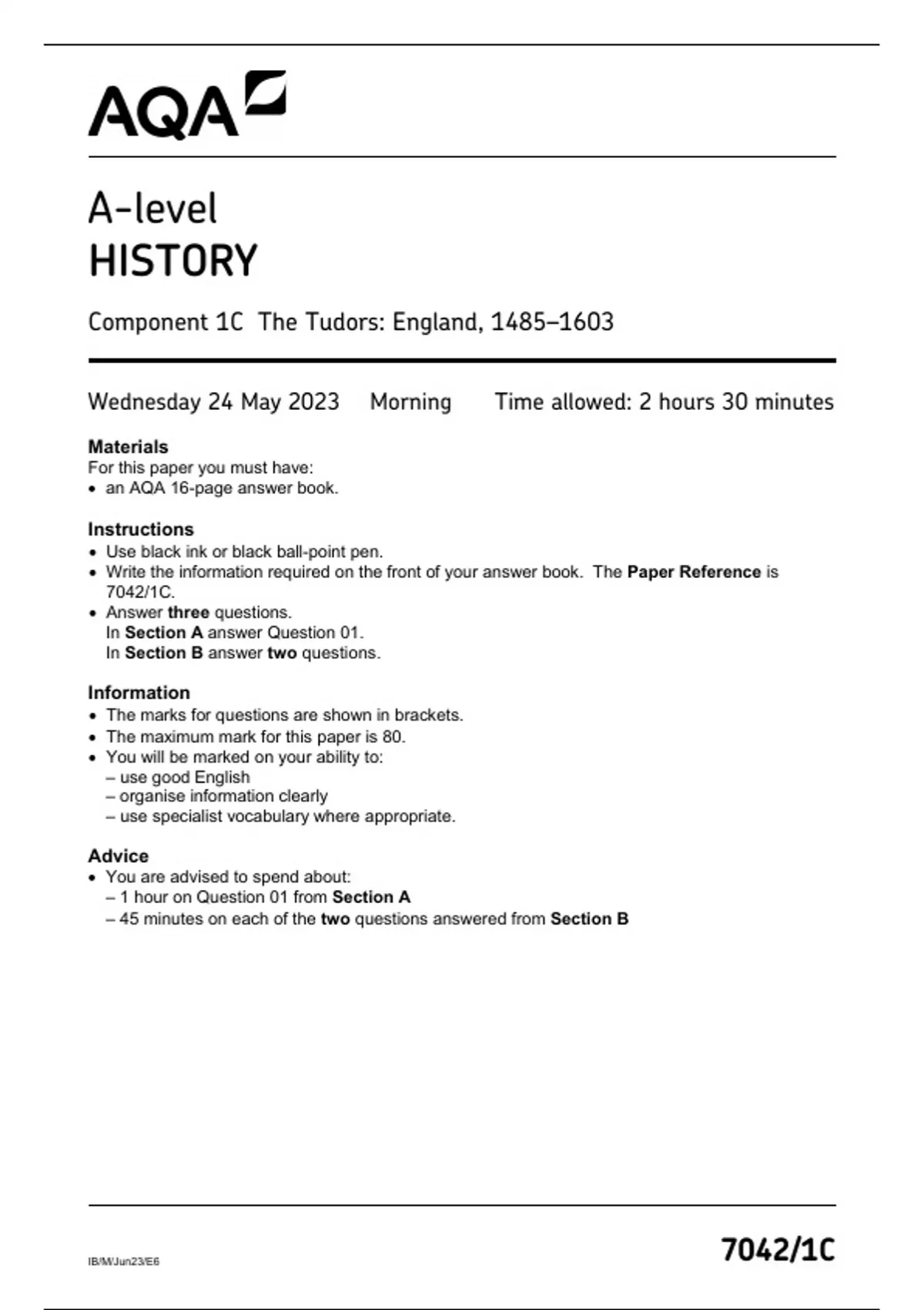 AQA A LEVEL HISTORY PAPER 1 QUESTION PAPER 2023 (7042/1C: Component 1C ...