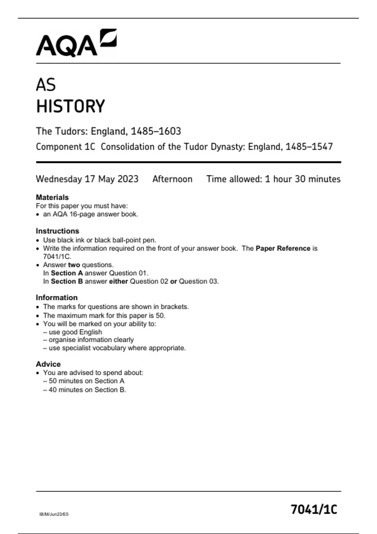 AQA AS HISTORY PAPER 1 2023 (7041/1C: The Tudors: England, 1485–1603 ...
