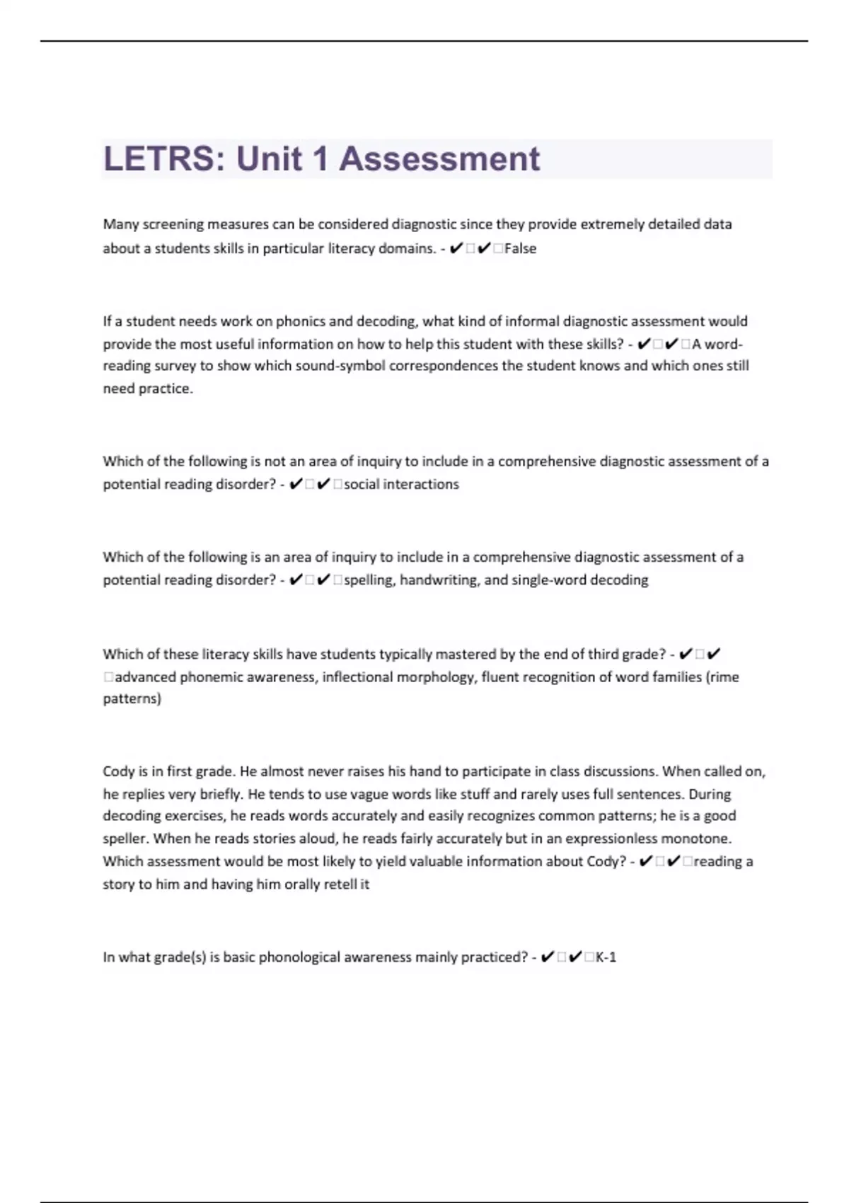LETRS: Unit 1 99 Assessment Questions with 100% Correct Answers ...