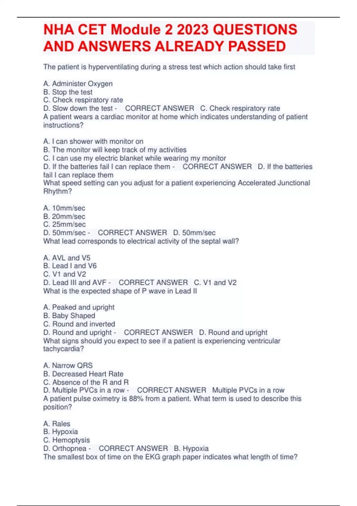 NHA CET Module 2 2023 QUESTIONS AND ANSWERS ALREADY PASSED - NHA - Stuvia US