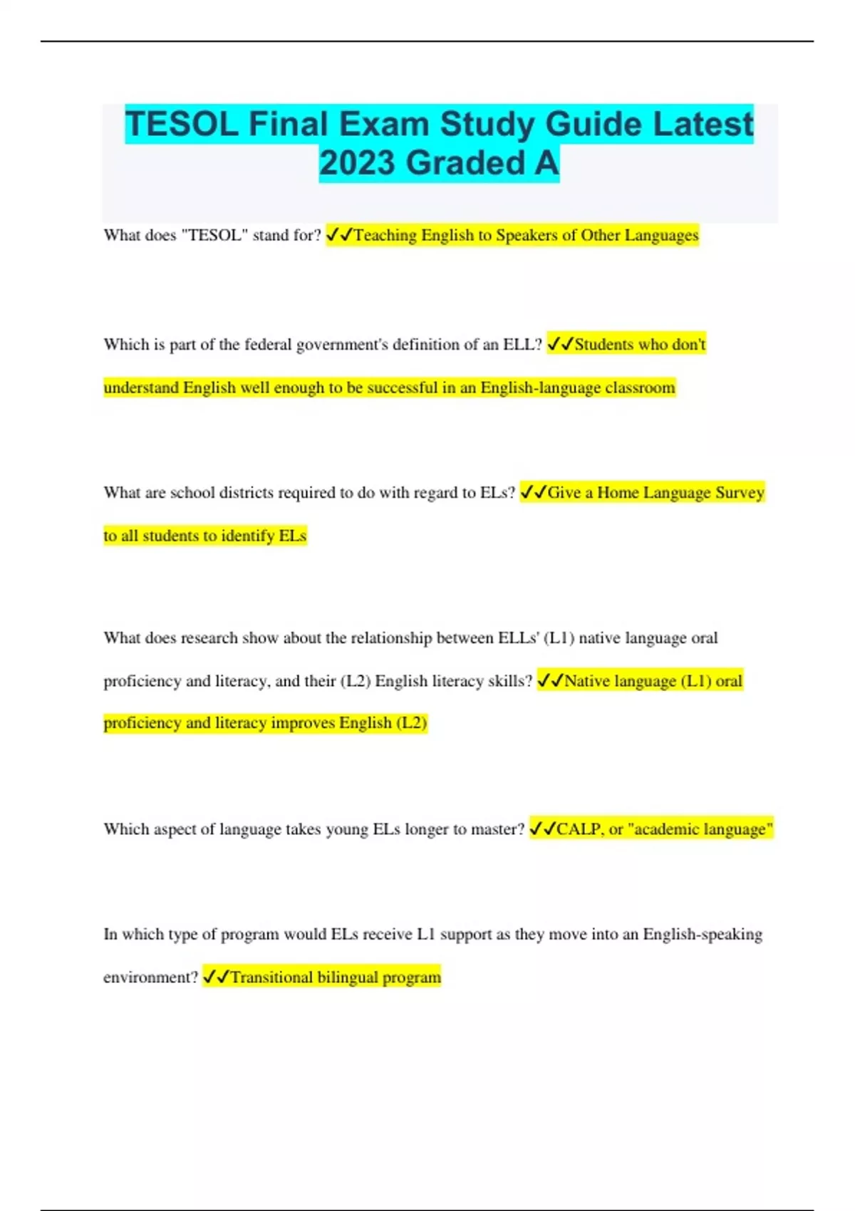 TESOL Final Exam Study Guide Latest 2023 Graded A - TESOL - Stuvia US