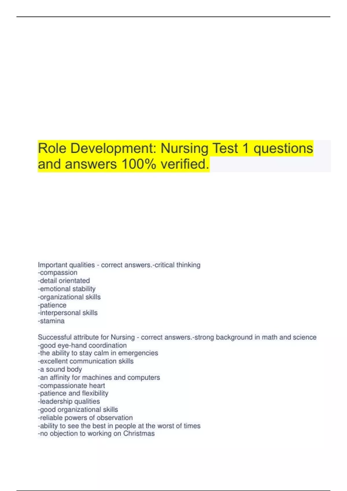 Role Development: Nursing Test 1 questions and answers 100% verified ...