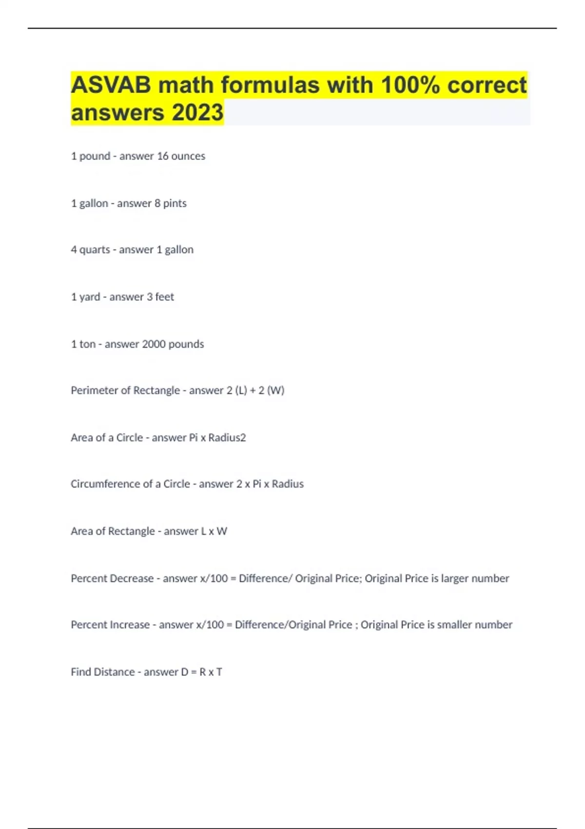 ASVAB math formulas with 100% correct answers 2023. - ASVAB Math ...