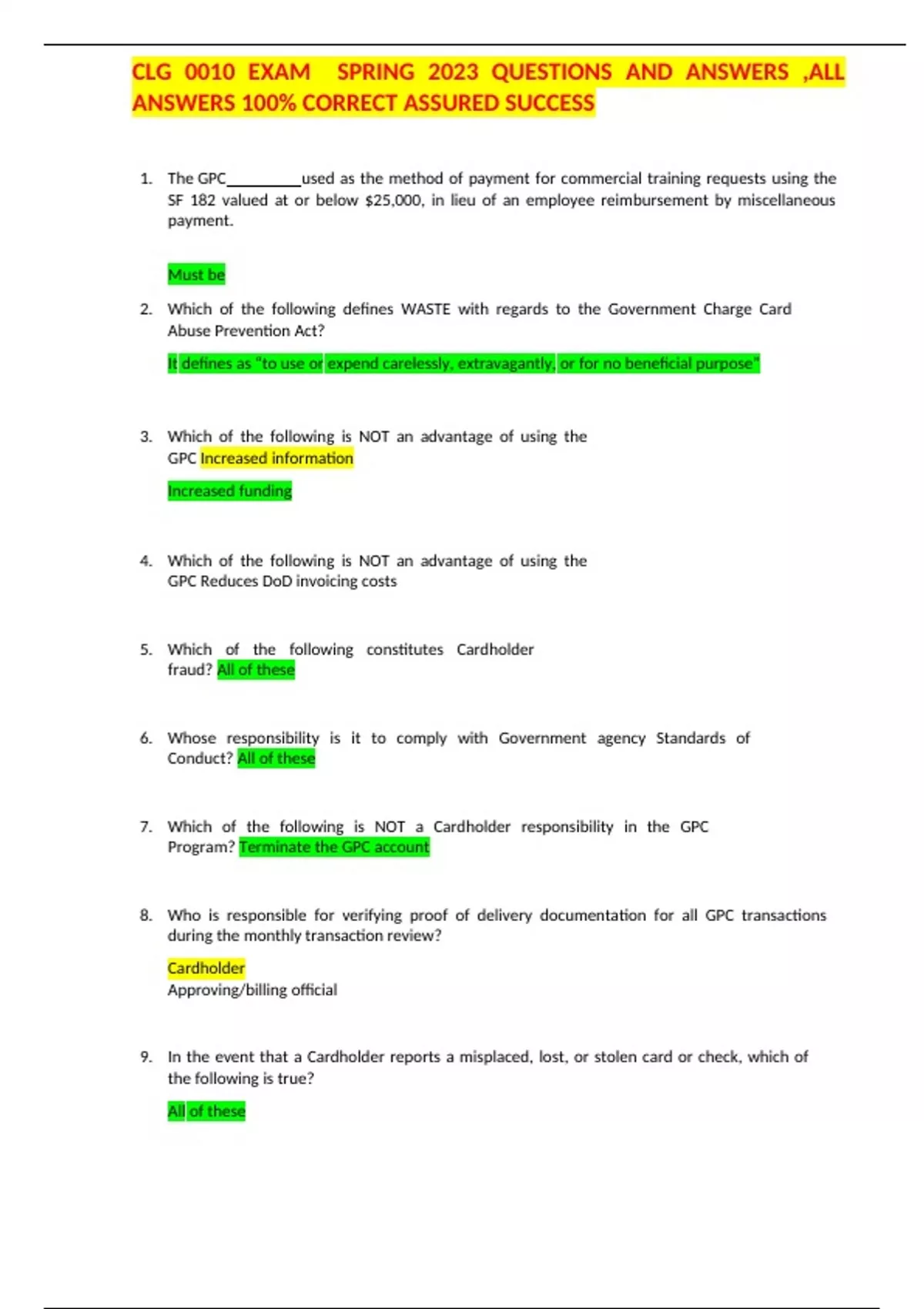 CLG 0010 EXAM SPRING 2023 QUESTIONS AND ANSWERS ,ALL ANSWERS 100% ...